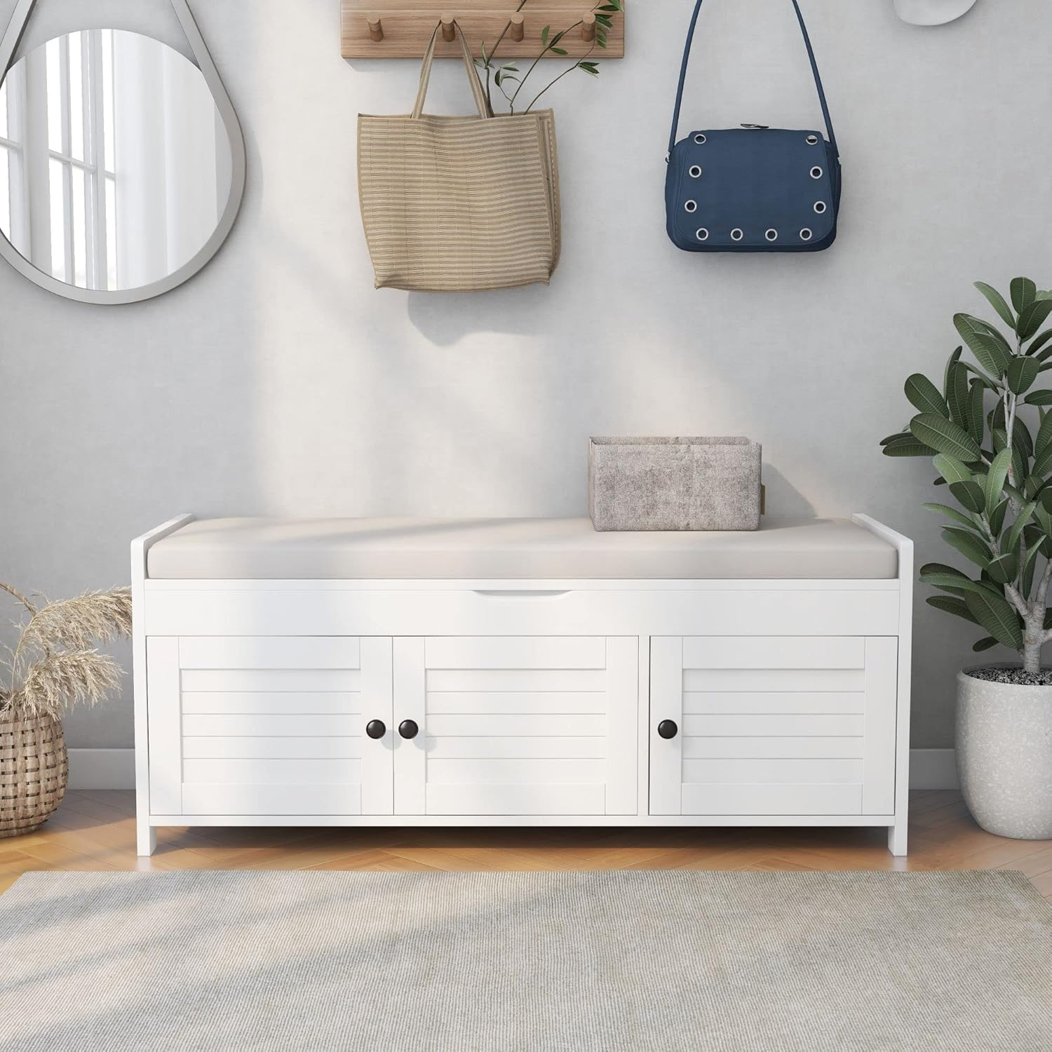 Wood Storage Bench with Drawers and Basket Shoe Bench with Seating and ...