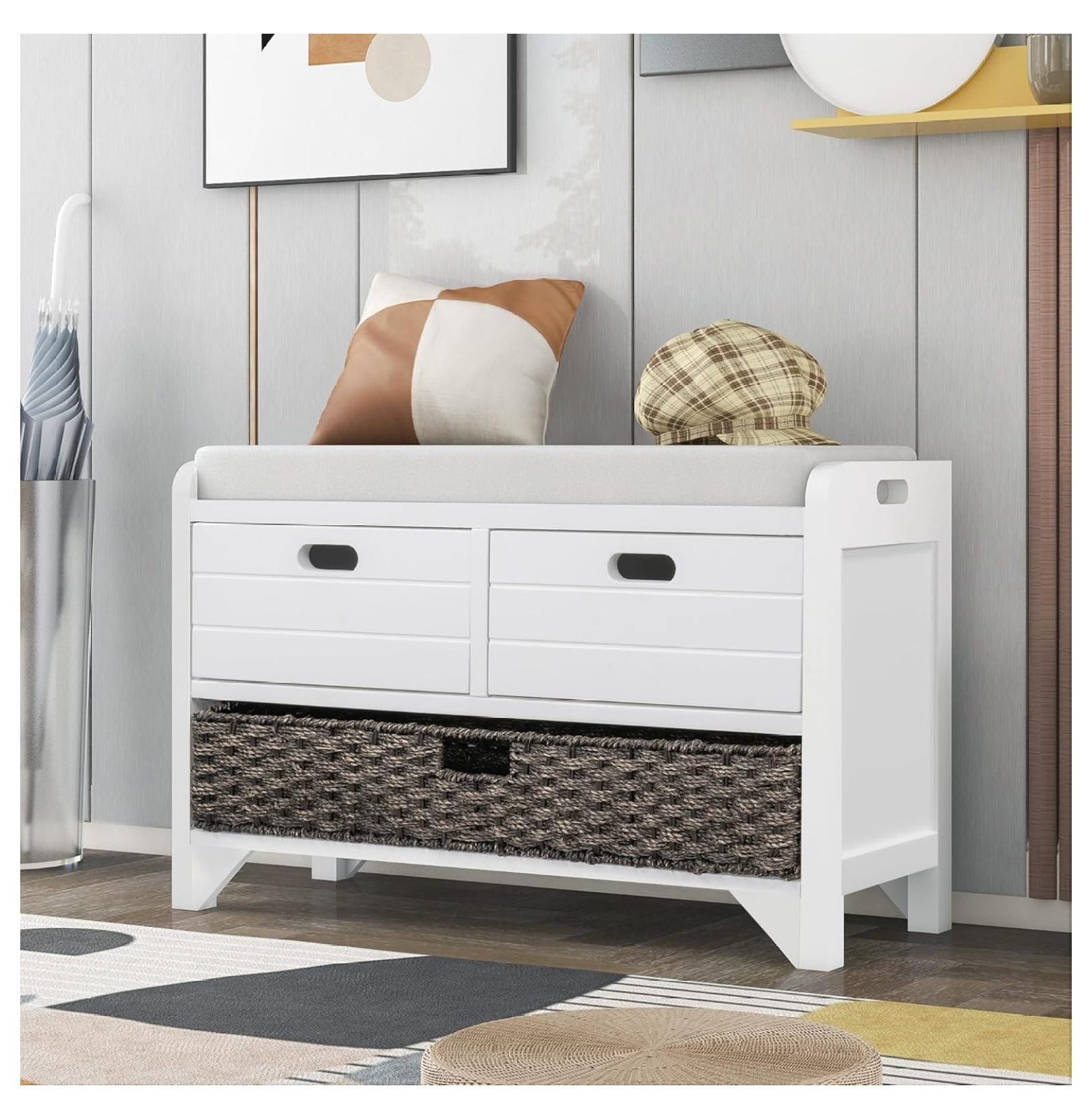Wood Storage Bench with Drawers and Basket, Shoe Bench with Seating and ...