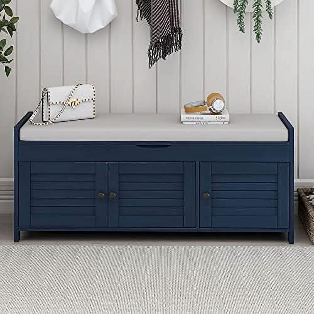 Wood Storage Bench with 3 Shutter Doors, Shoe Bench with 2 Size Storage ...