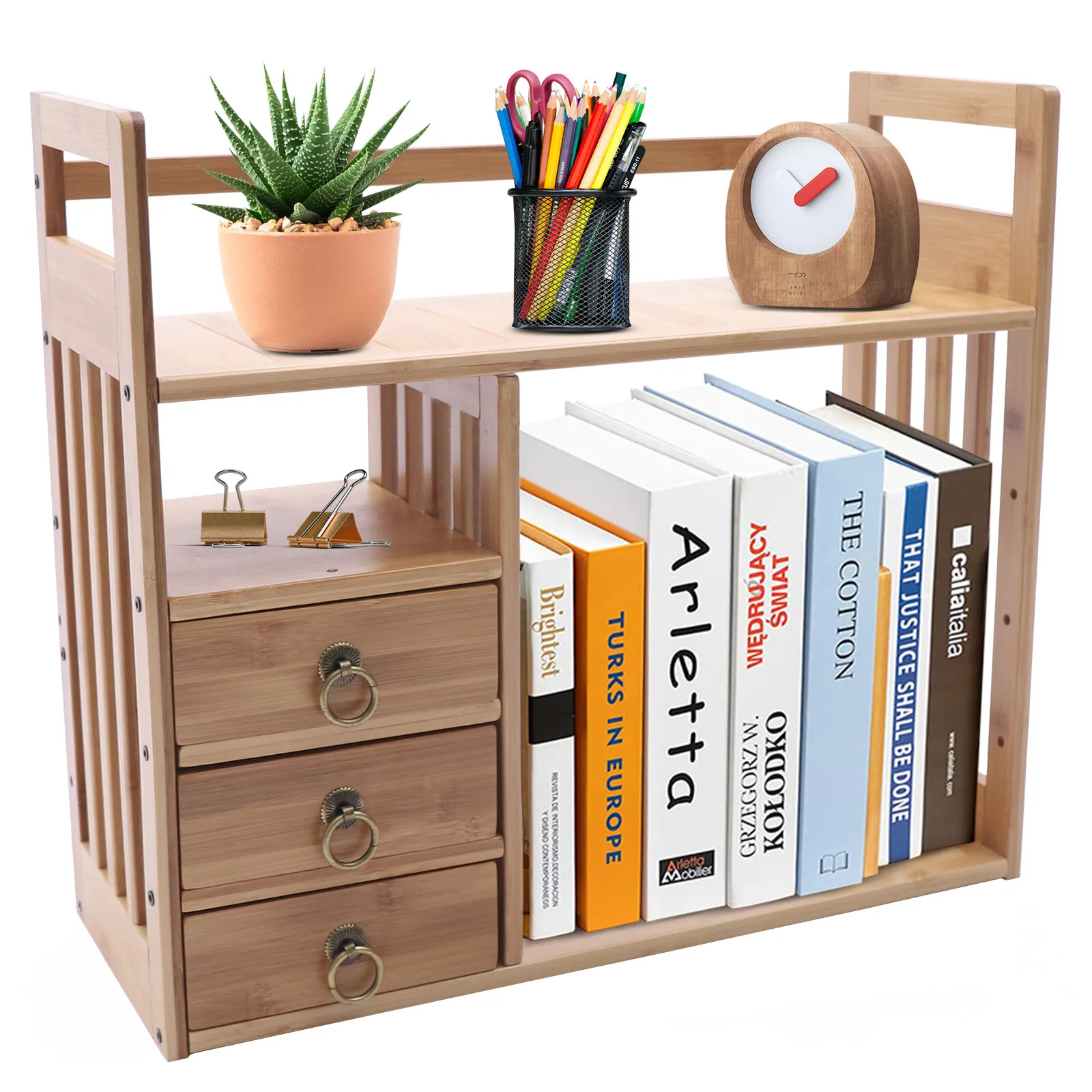Wood Storage Rack Desktop Bookshelf Desk Organizer Tabletop Display ...