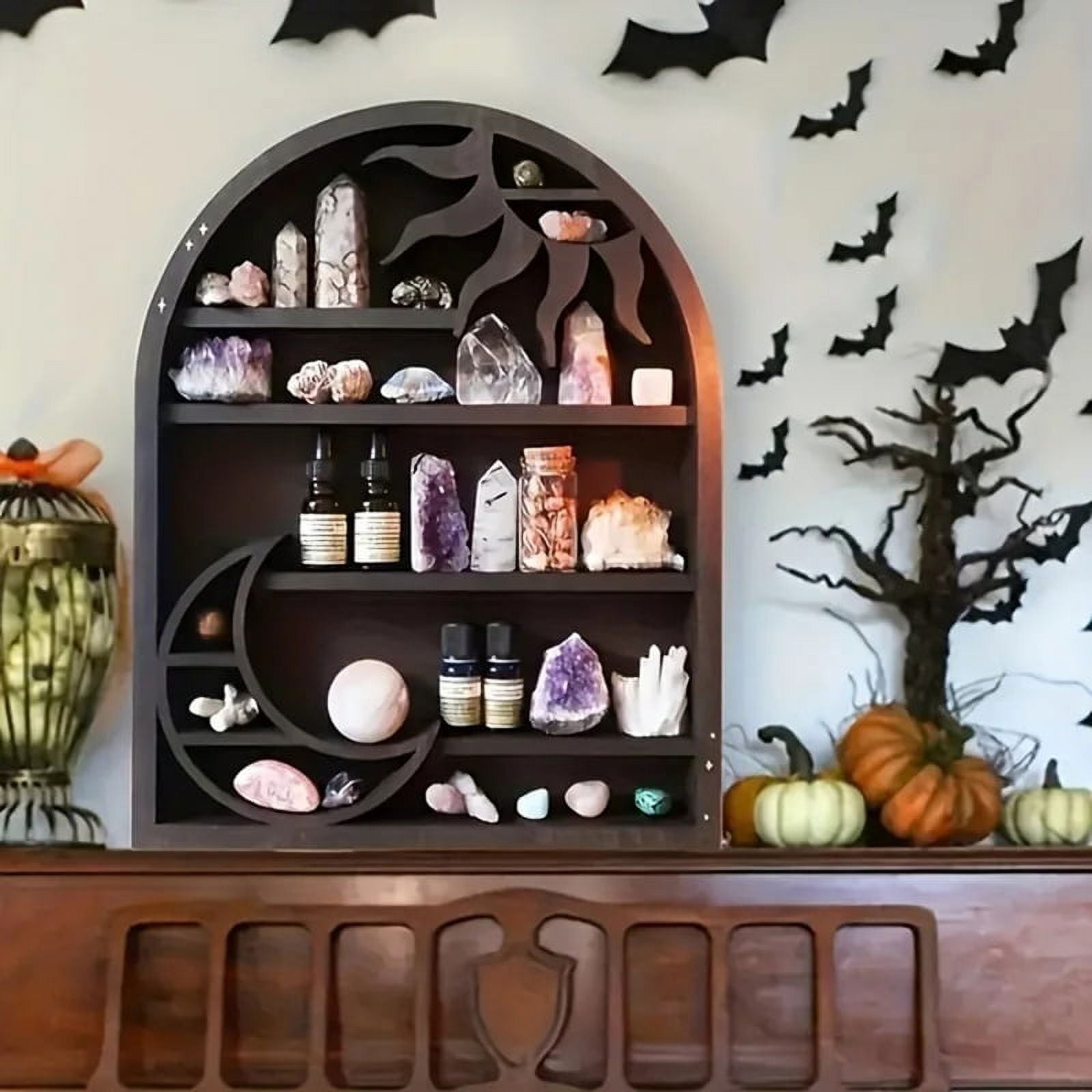 Wood Storage Shelf, Black Crescent Sun and Moon Crystal Shelf, Wall ...