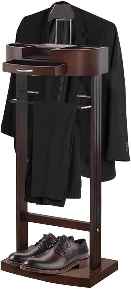 Wood Suit Valet Stand With Drawer Top Tray Freestanding Clothing Valet ...