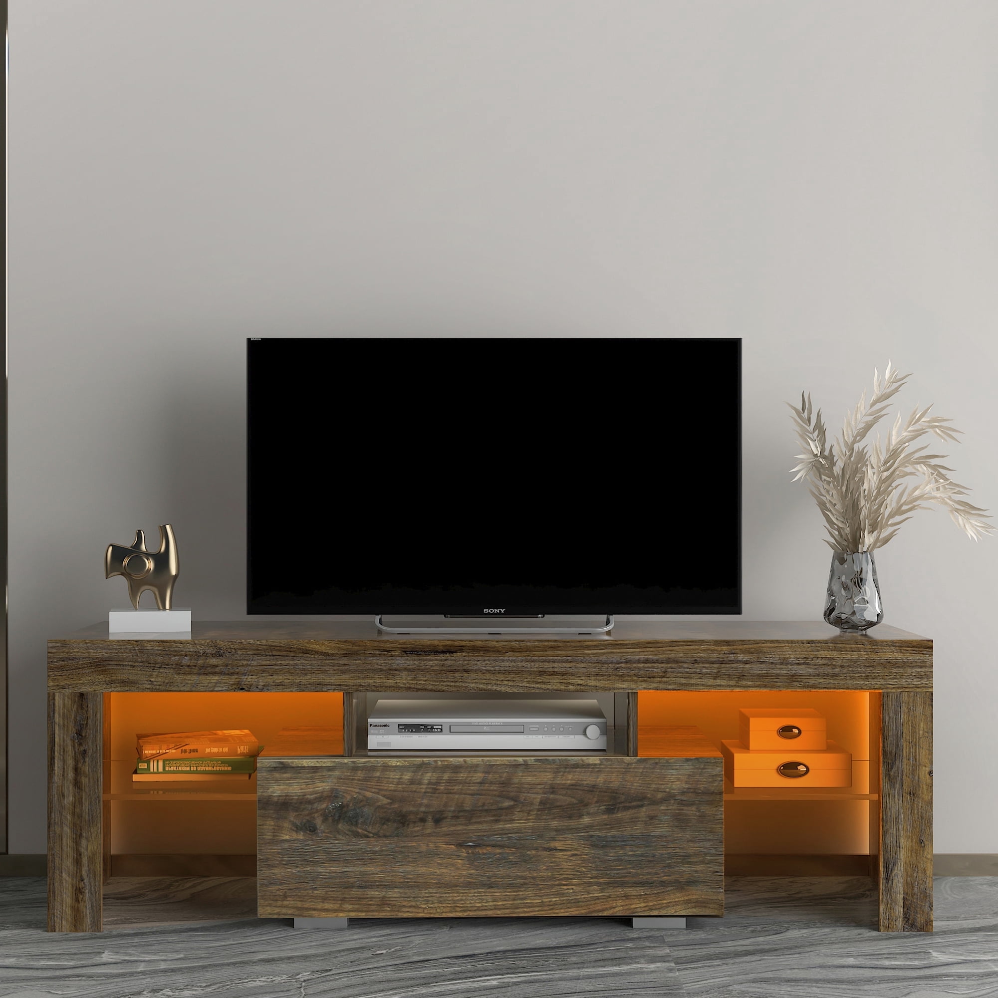 Wood TV Stand for 55 inch TV, ENYOPRO Led TV Stand with Led Lights ...