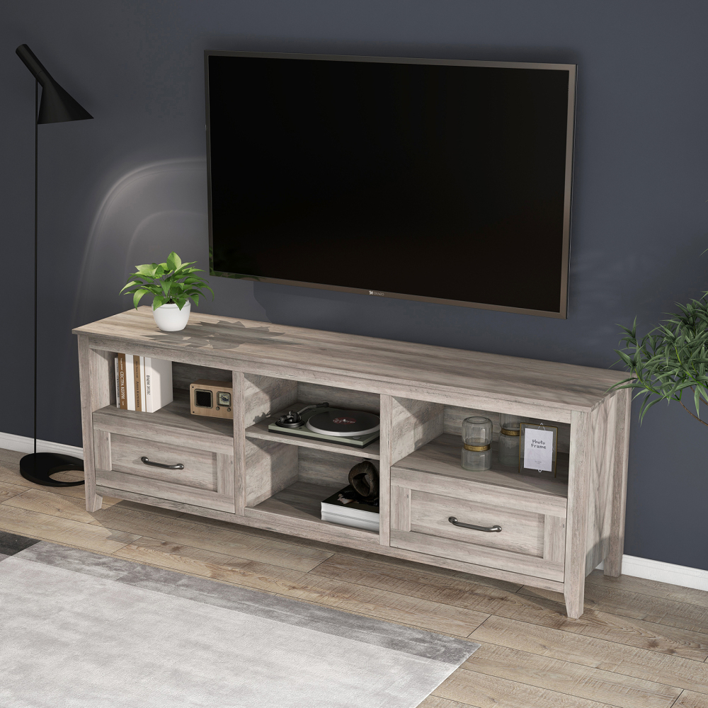 Wood TV Stand with 2 Drawers and Open Storage Shelf for TV Up To 70 ...