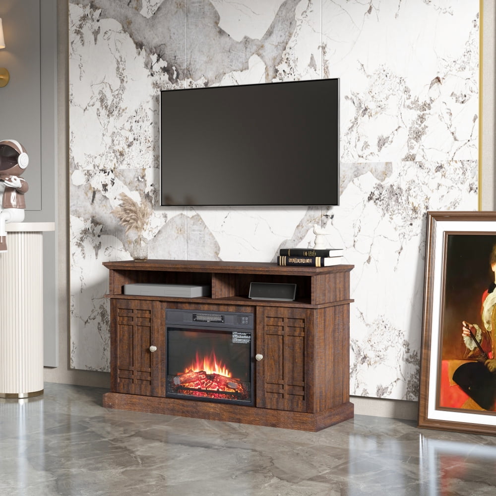 Wood TV Stand with Electronic Fireplace and Remote Control, TV Cabinet ...