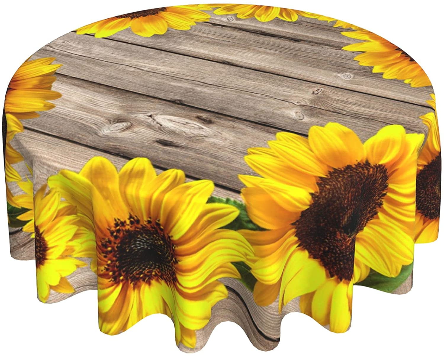Wood Table Cloth Round 60 Inch, Autumn Sunflower Tablecloth for Round ...