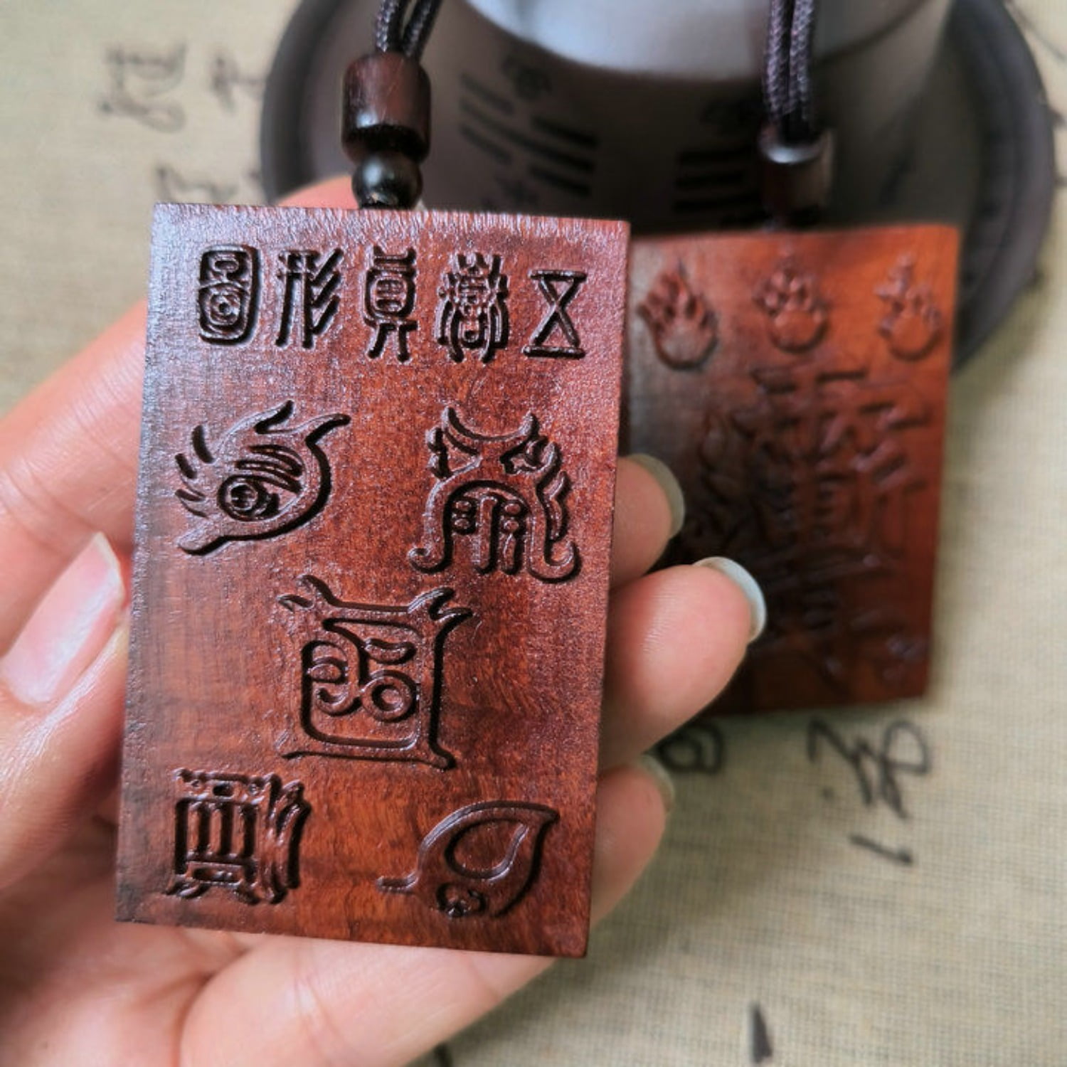 Wood Talisman Pendant with Wuyue Chart and Ziwei Amulet Taoist Charm ...