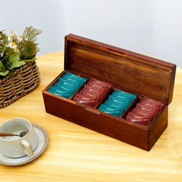 Acacia Wood Tea Bag Organizer, 6 Compartment Storage Box with Acrylic ...