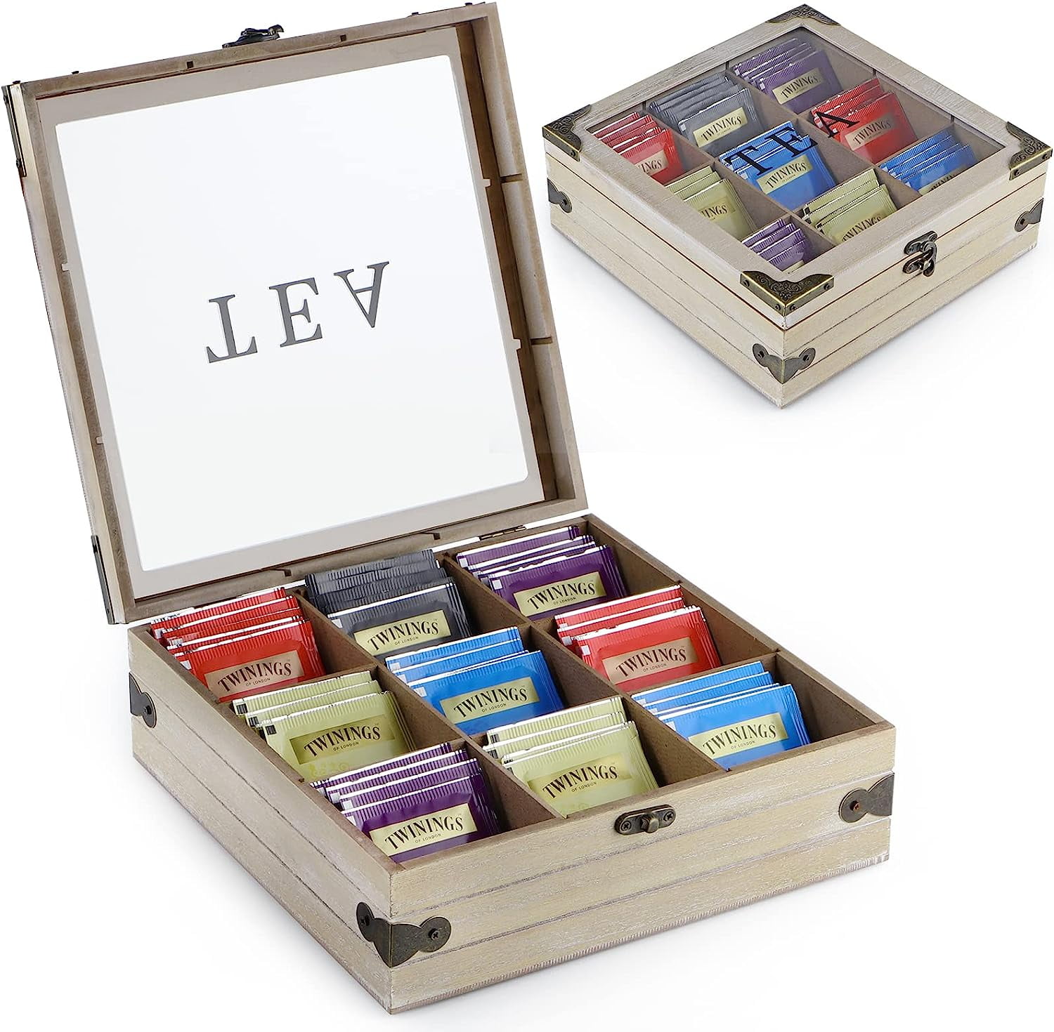 Wood Tea Box Organizer, Tea Storage Chest with Glass Lid, 9 ...