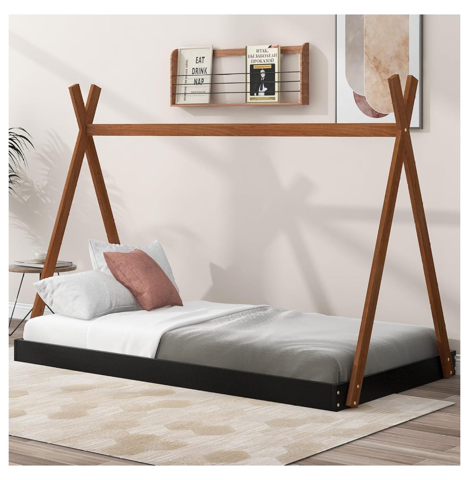 Twin Size Wood Teepee Floor Bed with Tent Frame, Montessori Style House ...