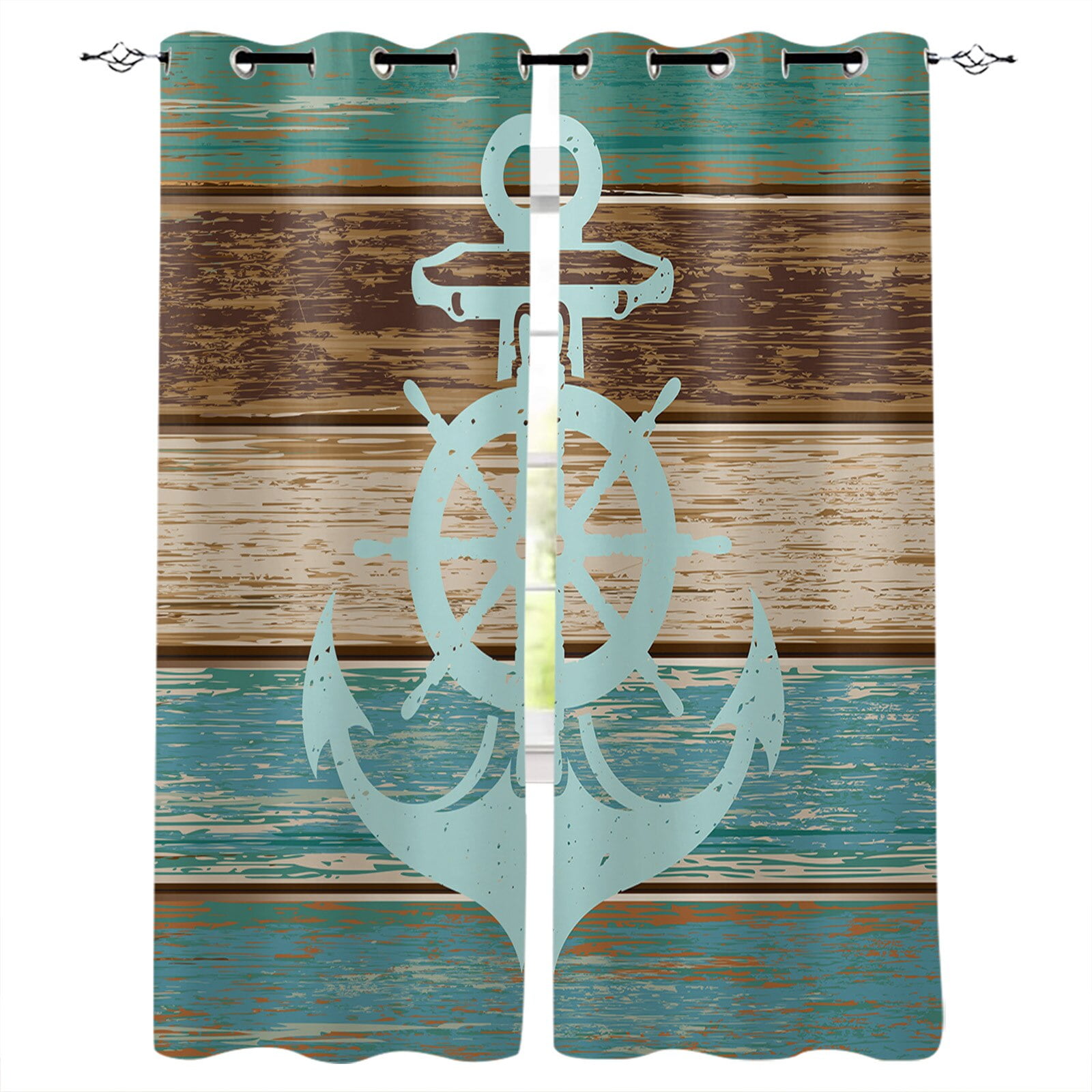 Wood Texture Marine Anchor Window Curtains for Living Room Bedroom ...