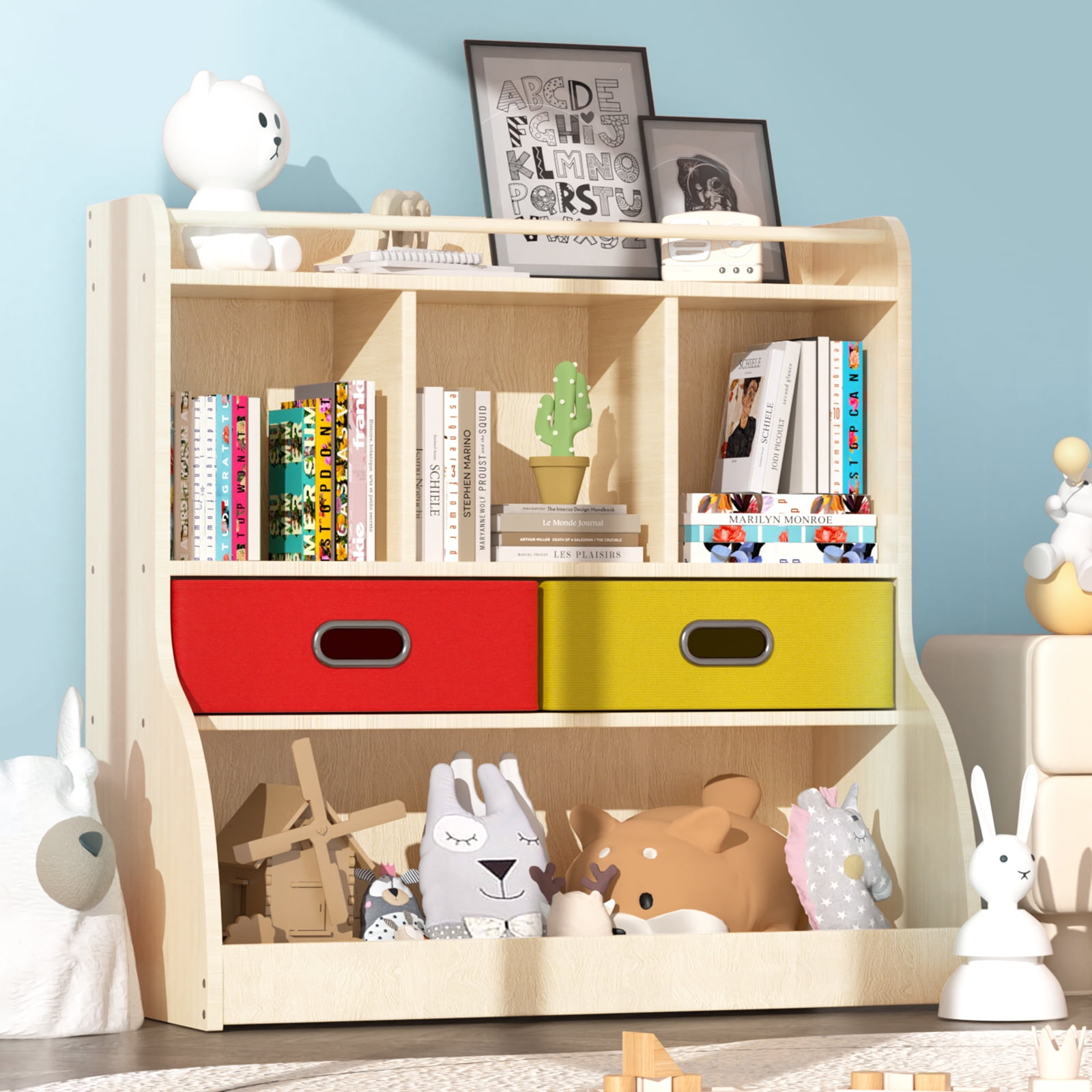 Wood Toy Storage Organizer with Bookcase, 4-Tier Kids Bookshelf with 2 ...