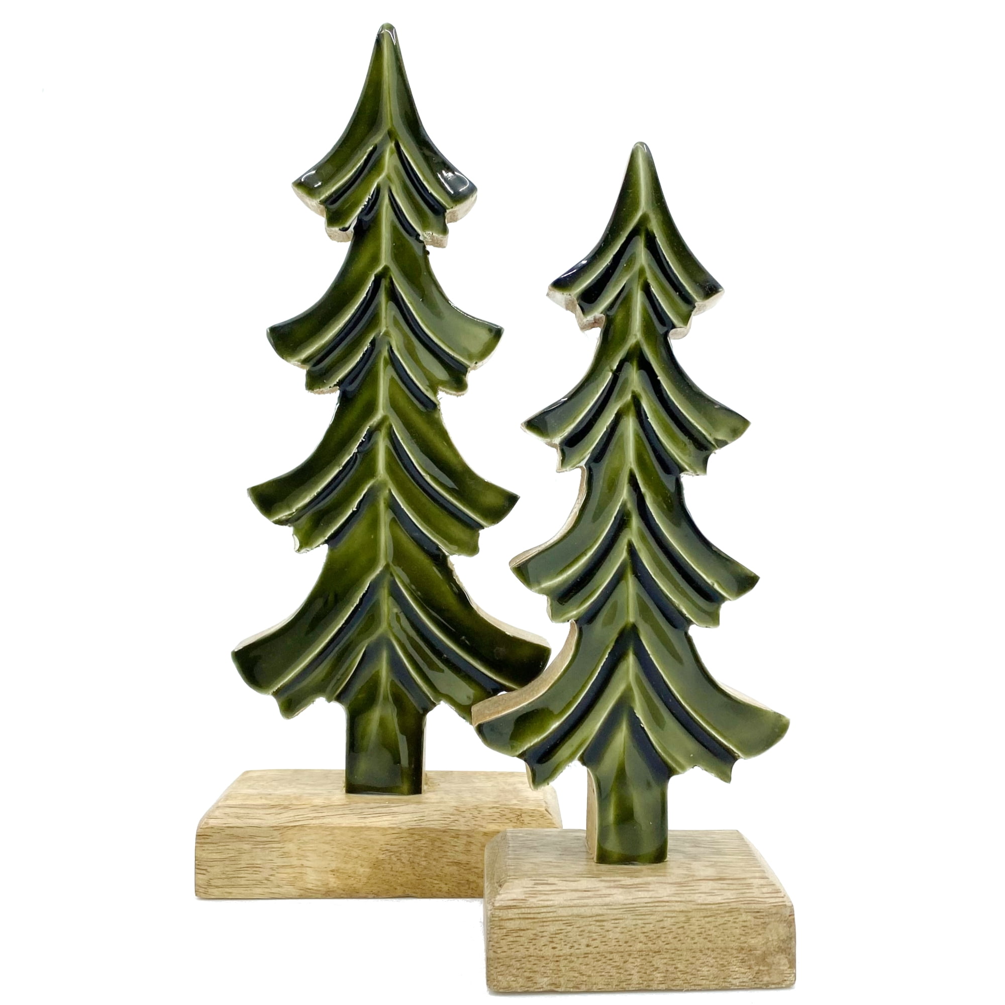 Wood Tree Decor - Set of 2 Green Glazed Wooden Holiday Winter Display ...