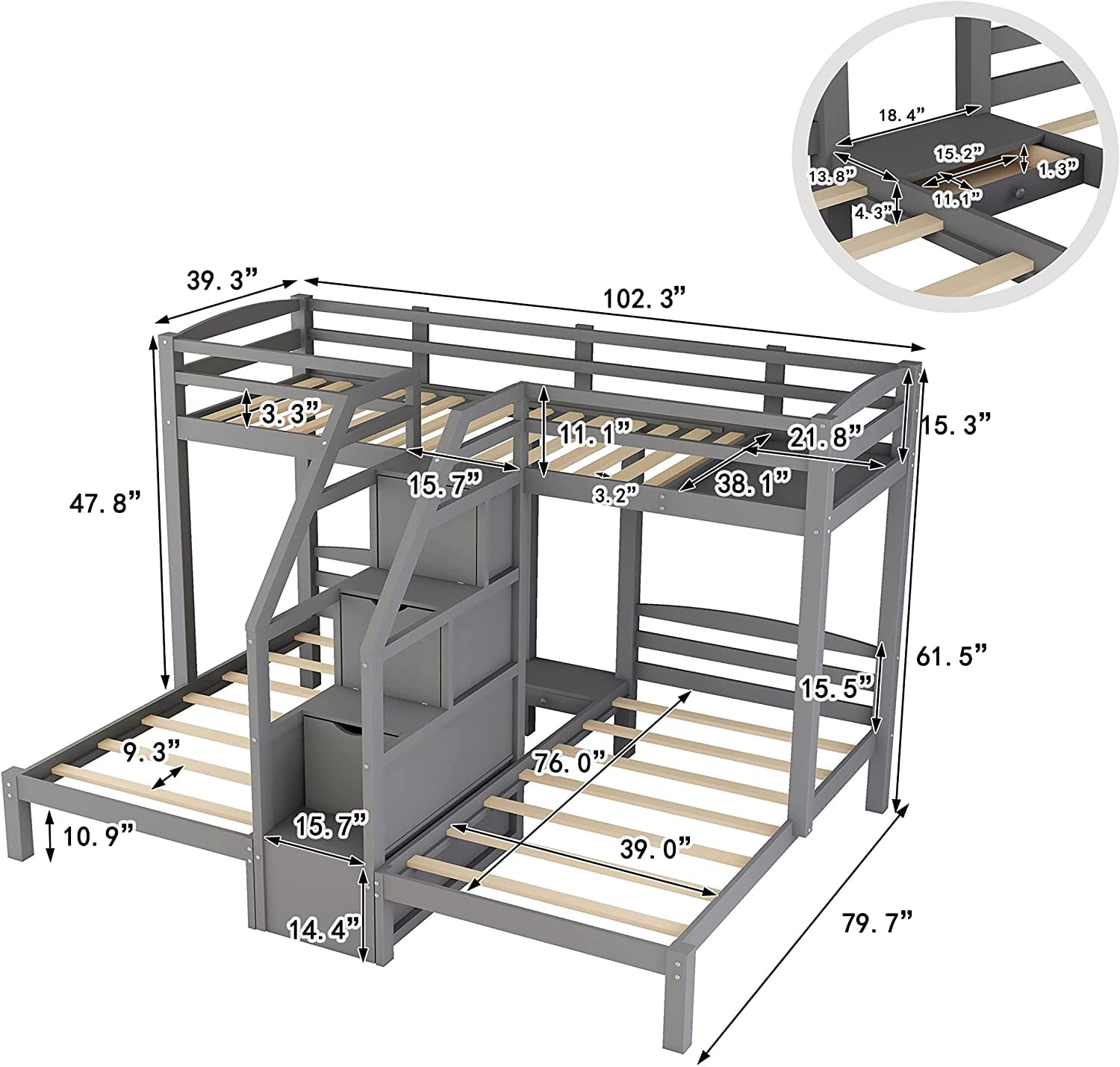 Wood Triple Bunk Bed for 3 Kids, Twin Over Twin with Stairs and Storage ...
