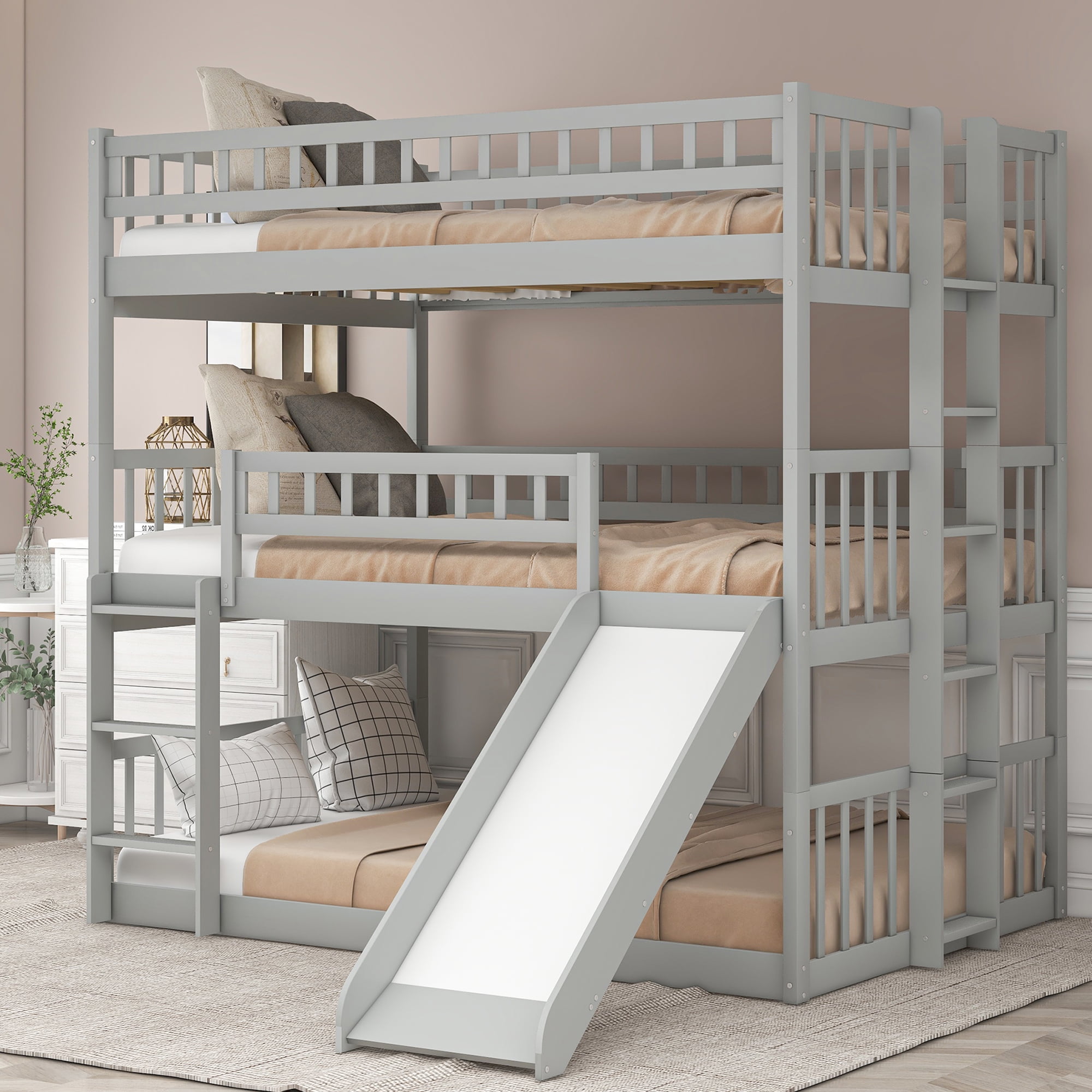 Wood Triple Bunk Beds for Kids with Convertible Ladders, Slide, Top ...