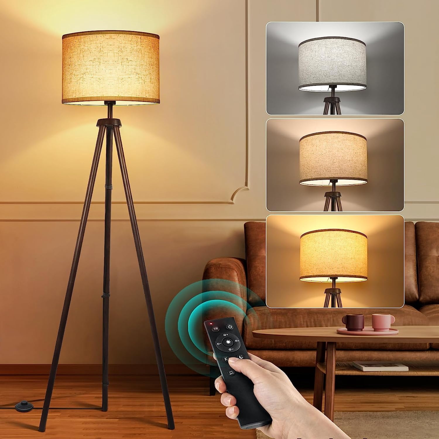 Wood Tripod Floor Lamp with Shelves, Mid Century Floor Lamp with Remote ...