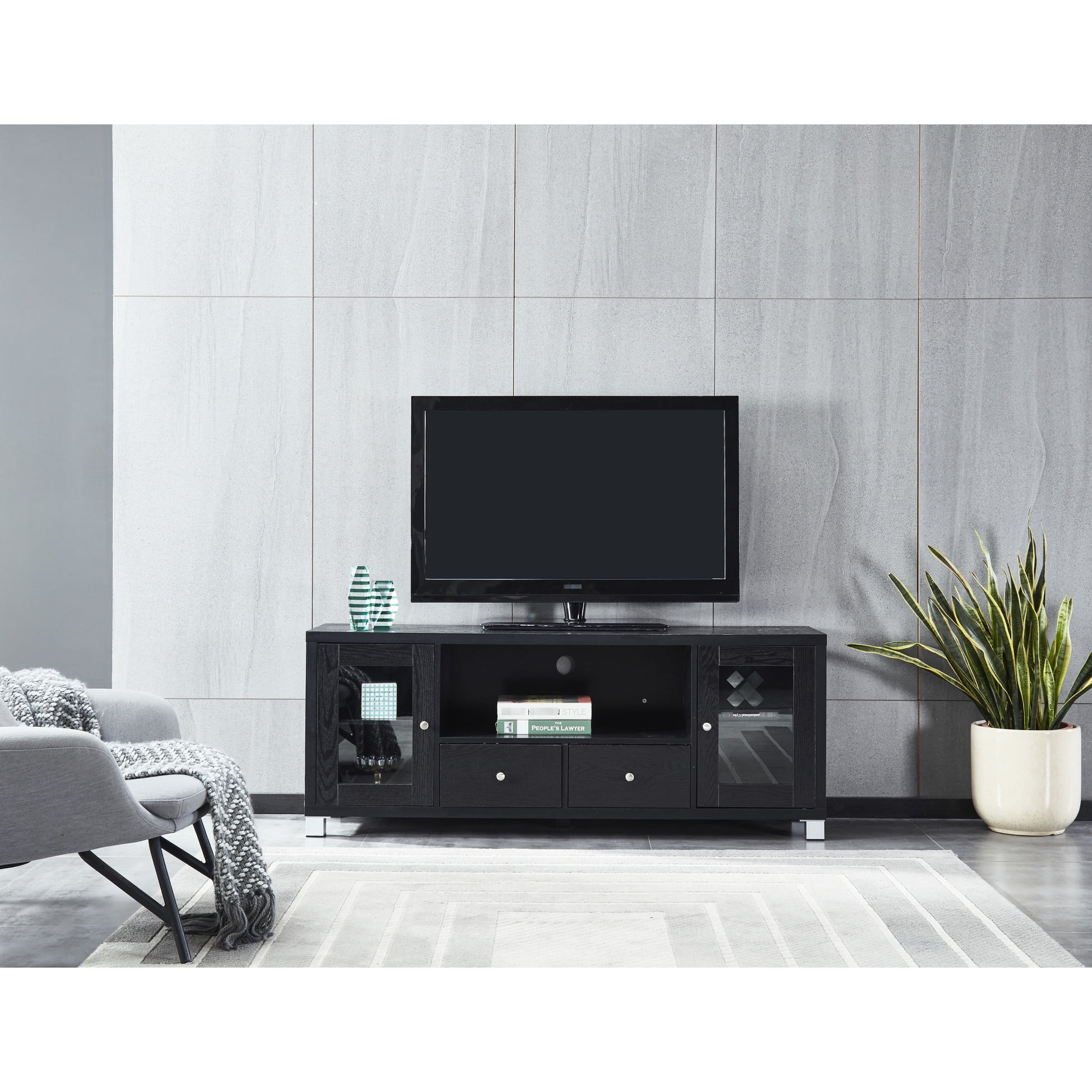 Wood Tv Stand With Storage, Black Grain Living Room - , Metal Legs ...