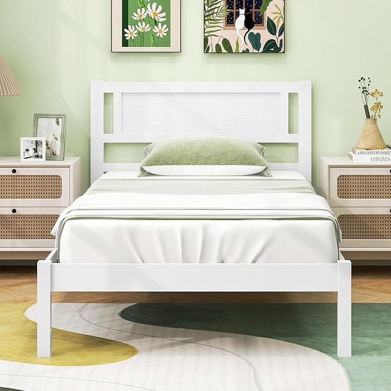 Wood Twin Bed Frames with Headboard, Modern Solid Wood Platform Bed ...