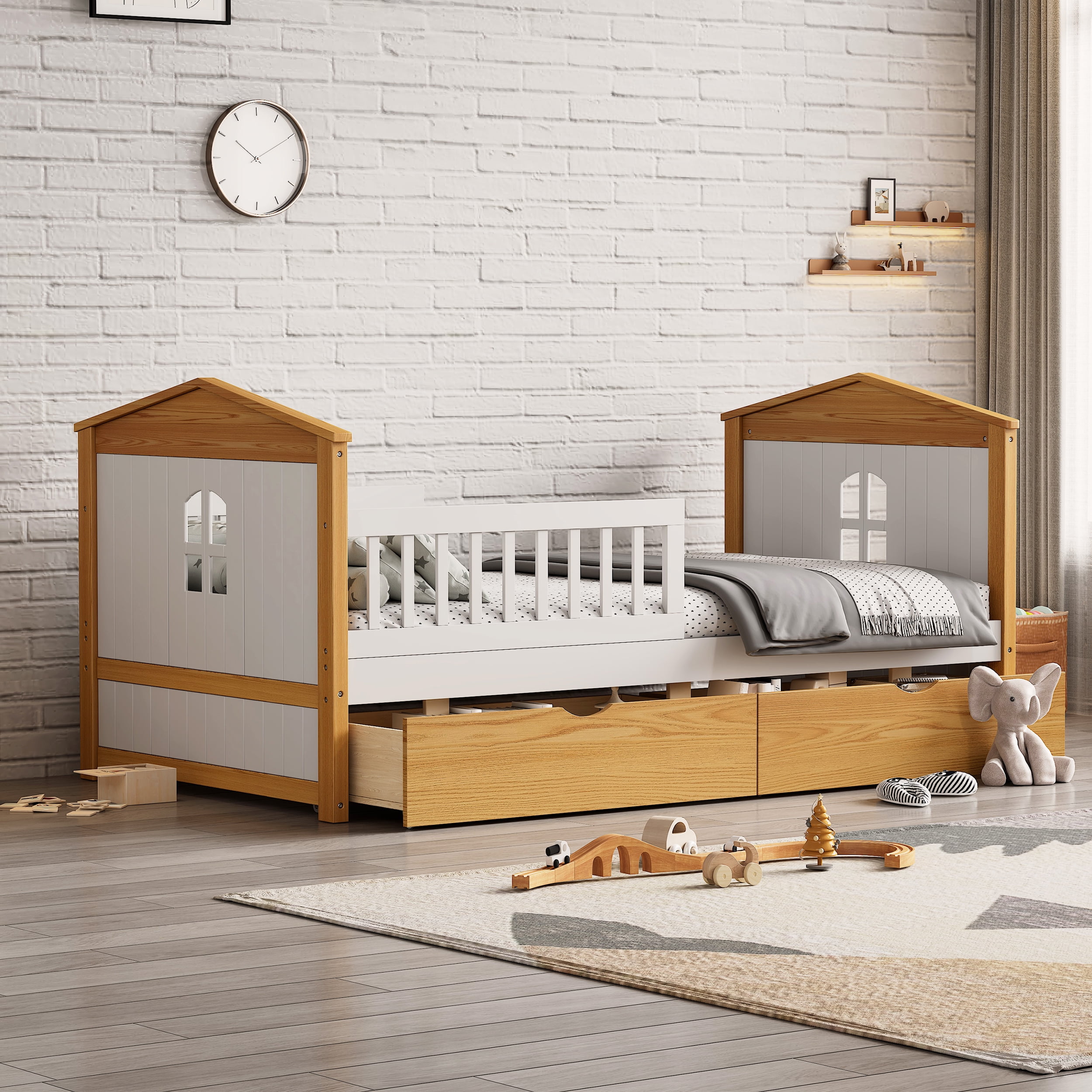Wood Twin Daybed with Two Drawers, Extendable Trundle & Safety Guard ...