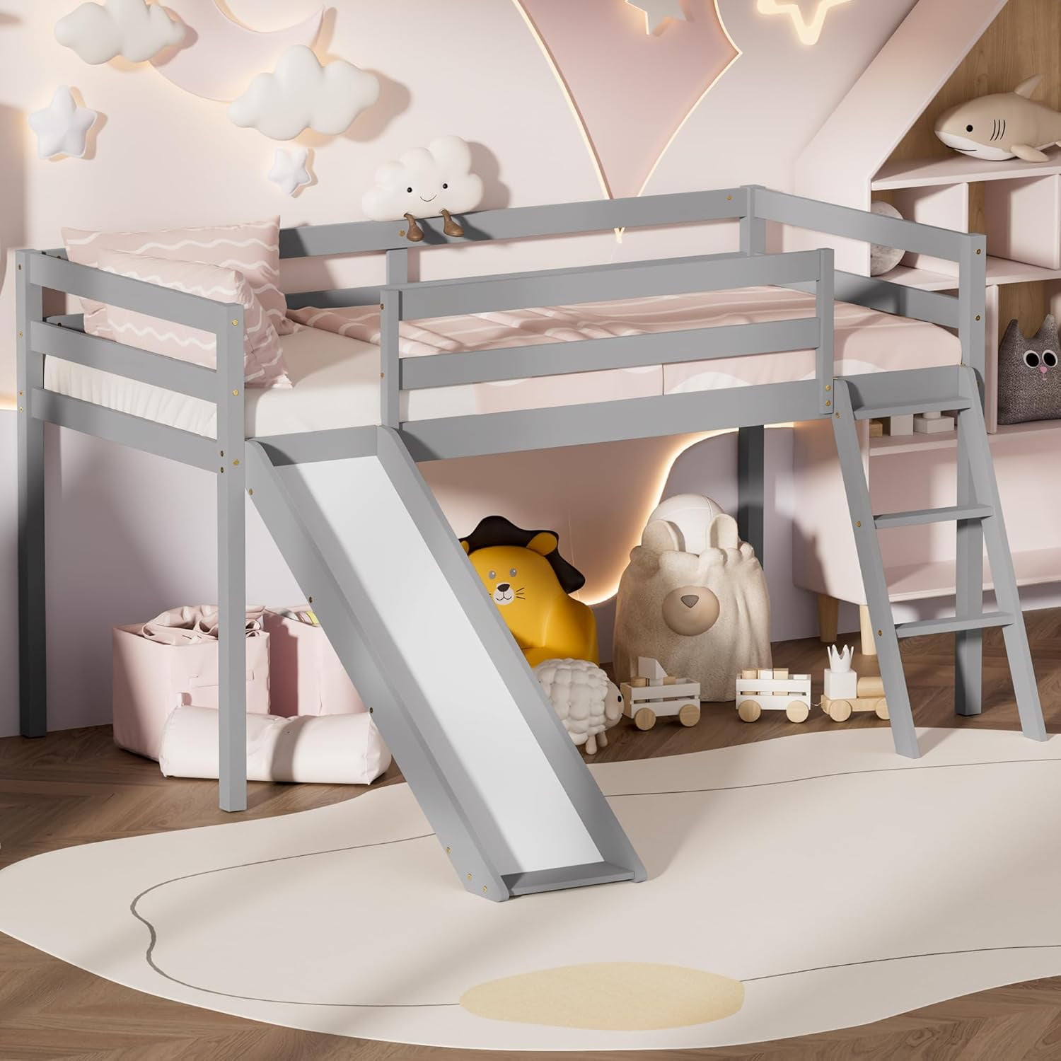 Wood Twin Loft Bed Frame with Climbing Ladder & Storage Space for Kids ...