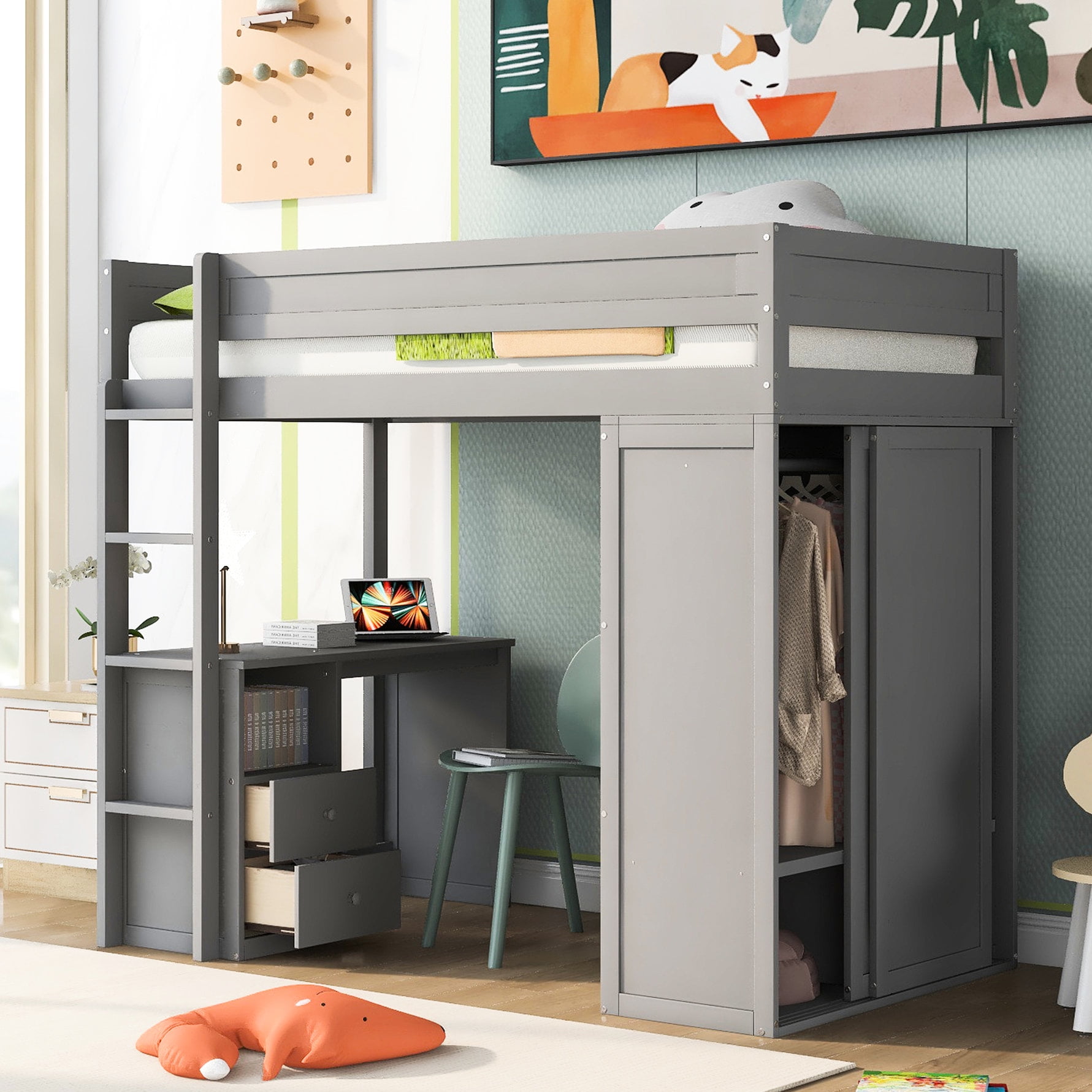 Wood Twin Loft Bed With Wardrobes & 2 Desk Cabinet, Gray Finish Unified ...