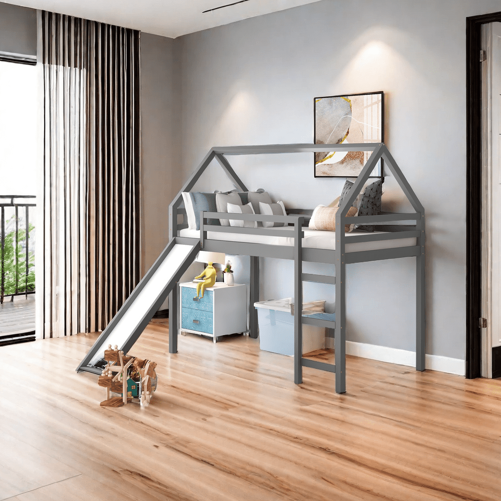 Wood Twin Loft Bed with Slide, House Bed with Slide, Roof and Ladder ...