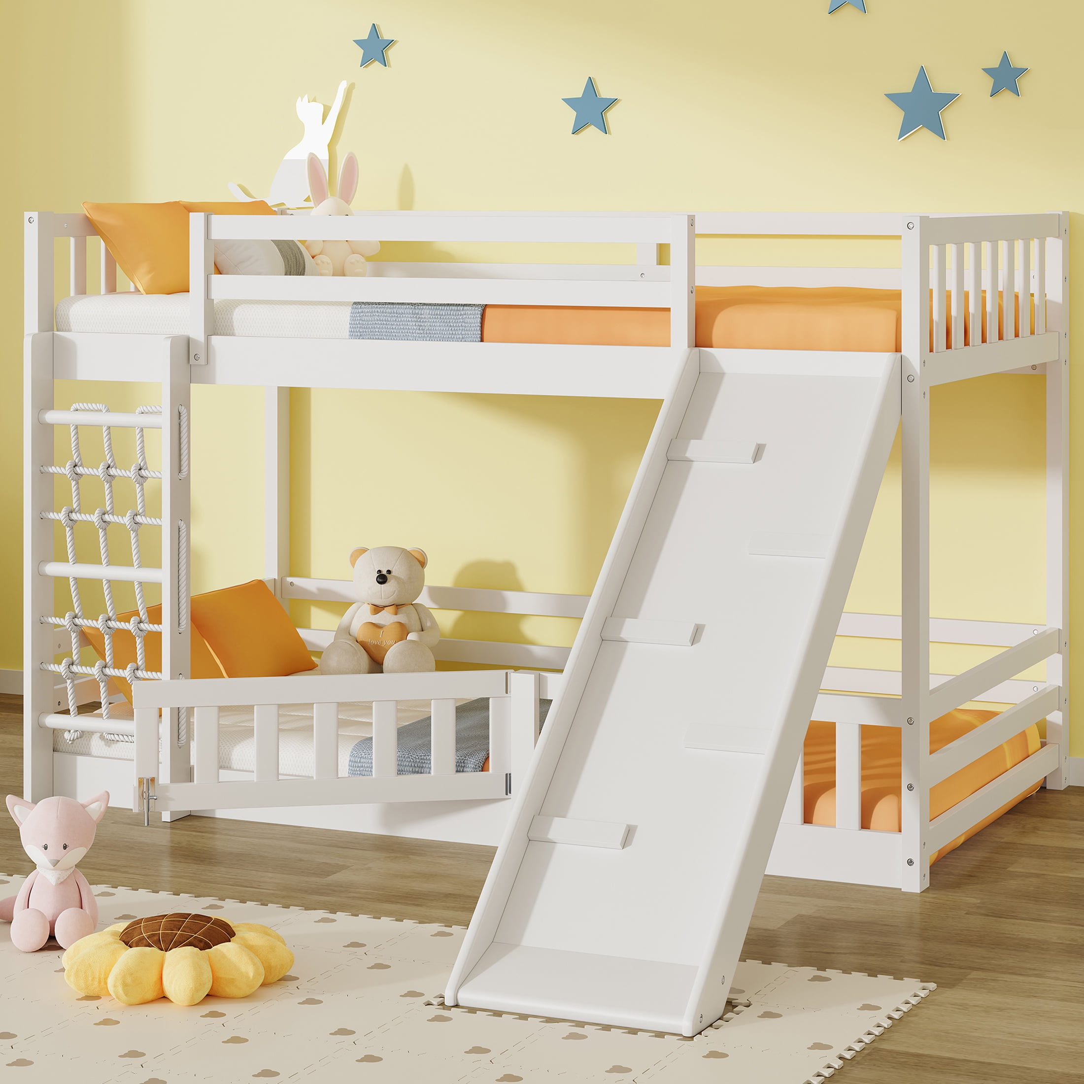 BTMWAY Twin Size Toddler Bunk Beds with Slide, Wood Low Floor Loft ...