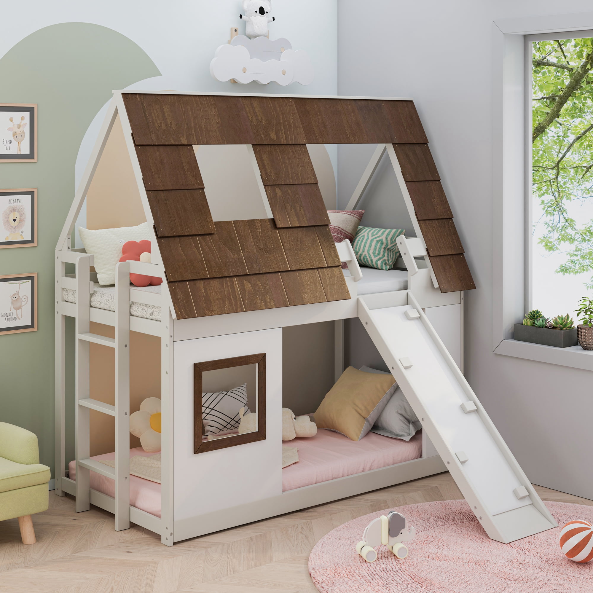Wood Twin Size House Bunk Bed with Window Roof Shape Design, Ladder and ...