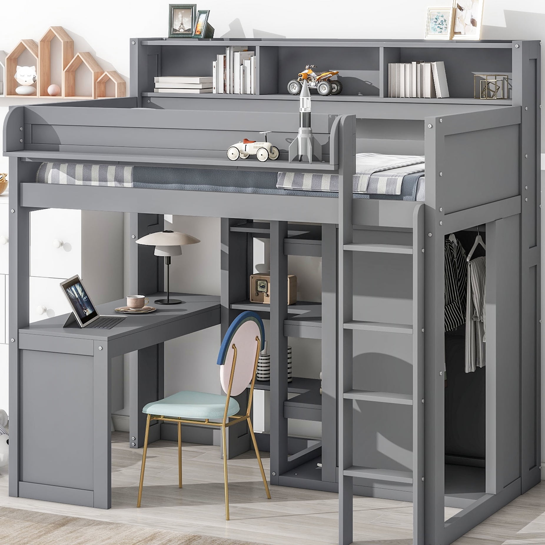 Wood Twin Size Loft Bed, Gray - With Storage And Strength & Generous ...