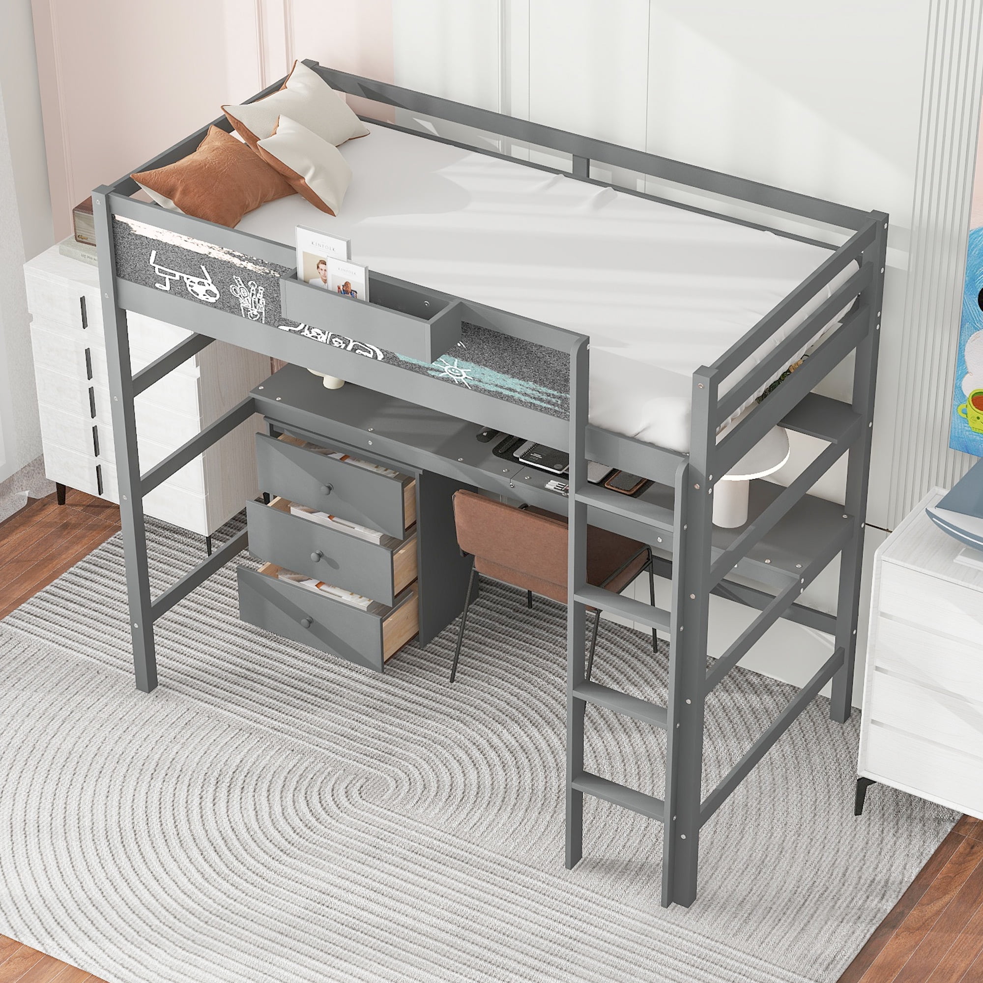 Wood Twin Size Loft Bed with Desk, Blackboard, Storage Box, Shelf and 3 Drawers, Gray - Walmart.com