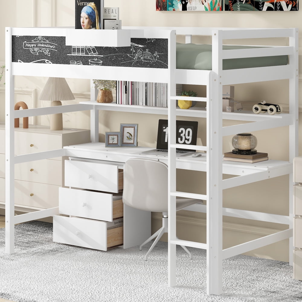 Wood Twin Size Loft Bed with Desk, Blackboard, Storage Box, Shelf and 3 ...
