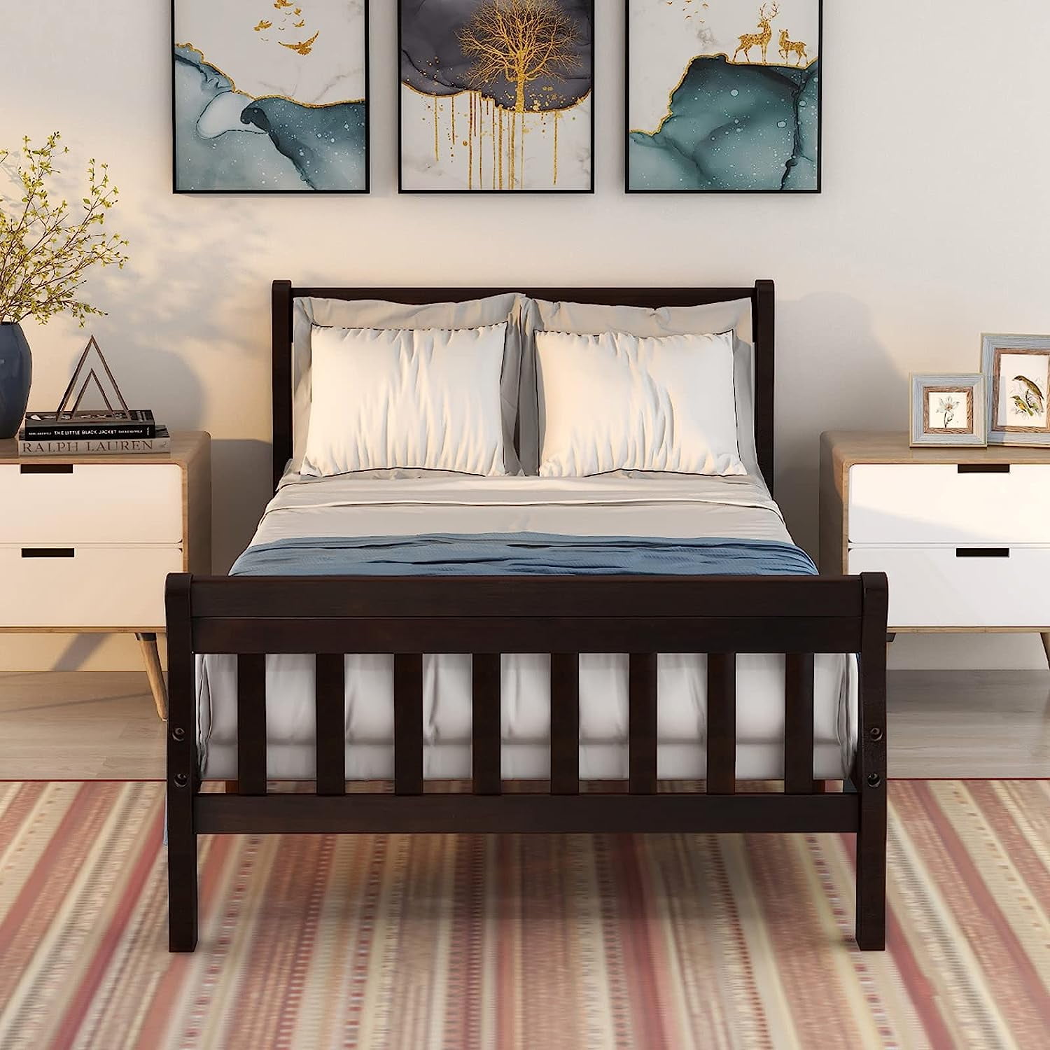 Wood Twin Size Modern Sleigh Bed for Kids, Platform Bed Twin Bed Frame with Headboard Footboard ...