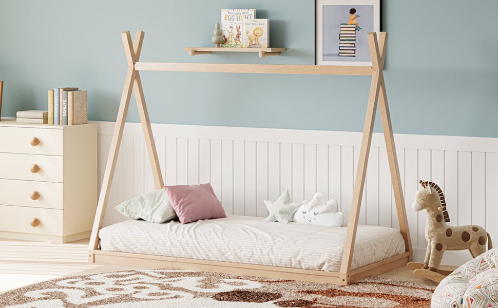 Wood Twin Size Tent Bed for Kids, Montessori Style Low-Floor Bed ,House ...