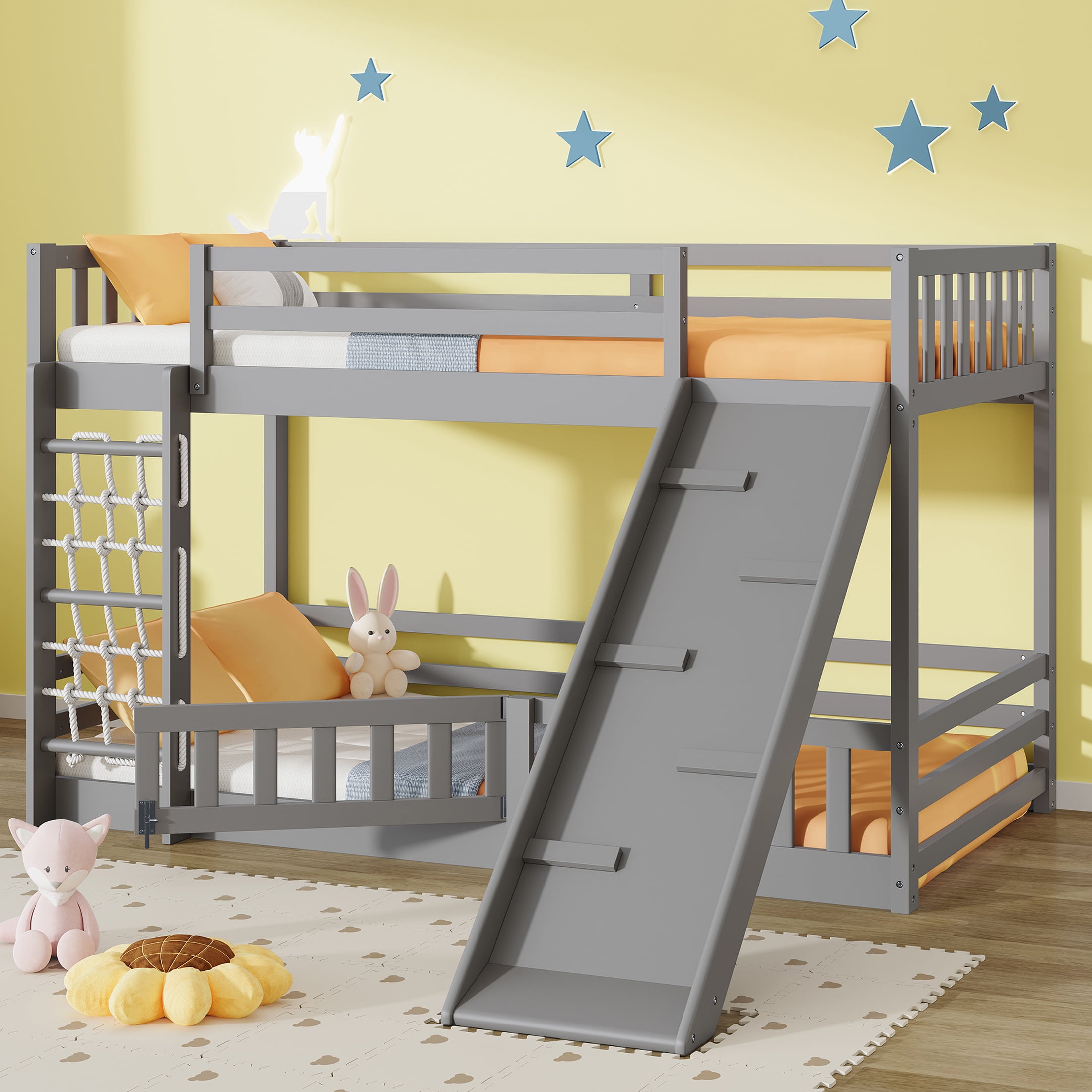 Wood Twin Over Twin Bunk Bed with Slide, BTMWAY Low Twin Size Bunk Beds ...