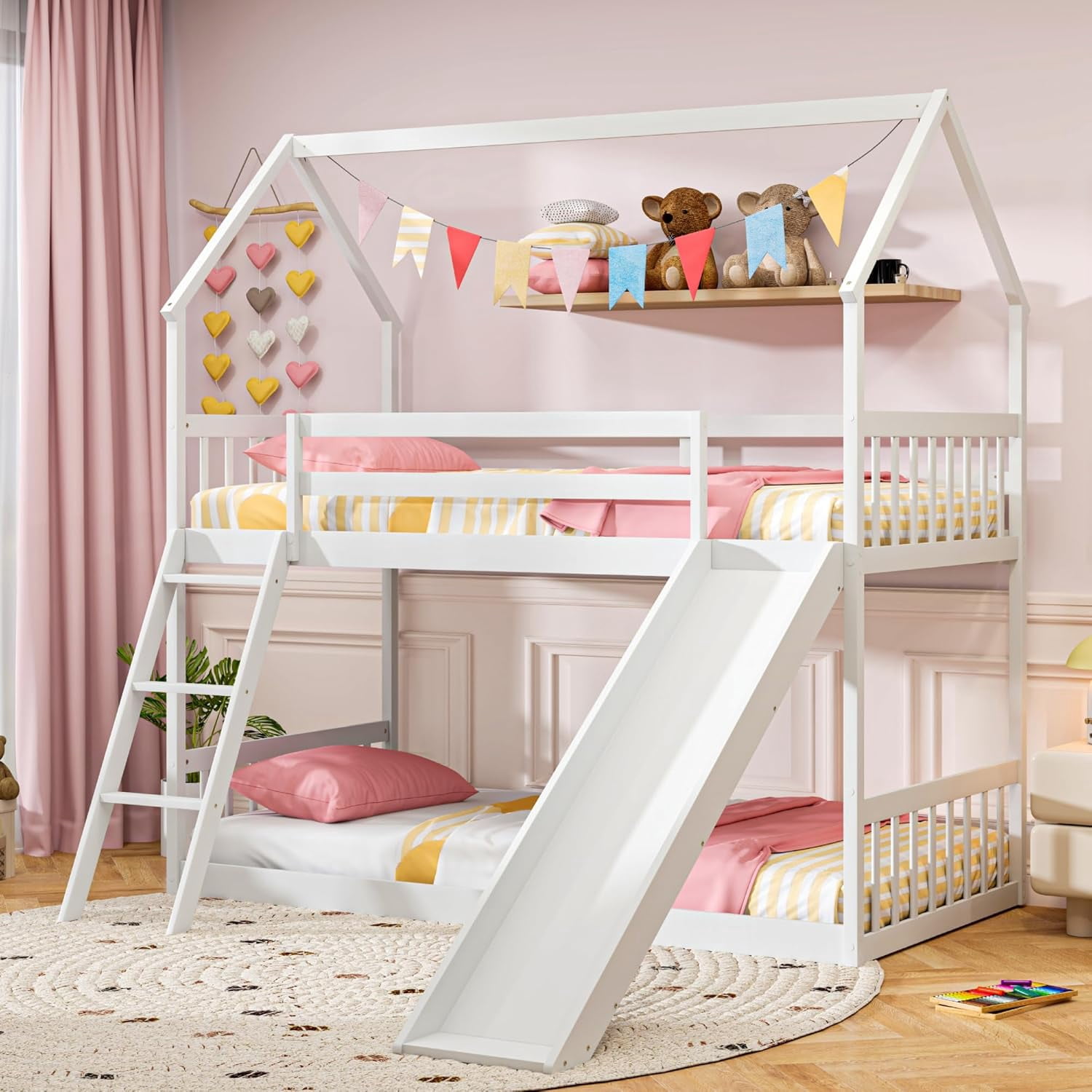 Wood Twin Over Twin House Bunk Bed, Floor Low Bunk Bed with Convertible ...