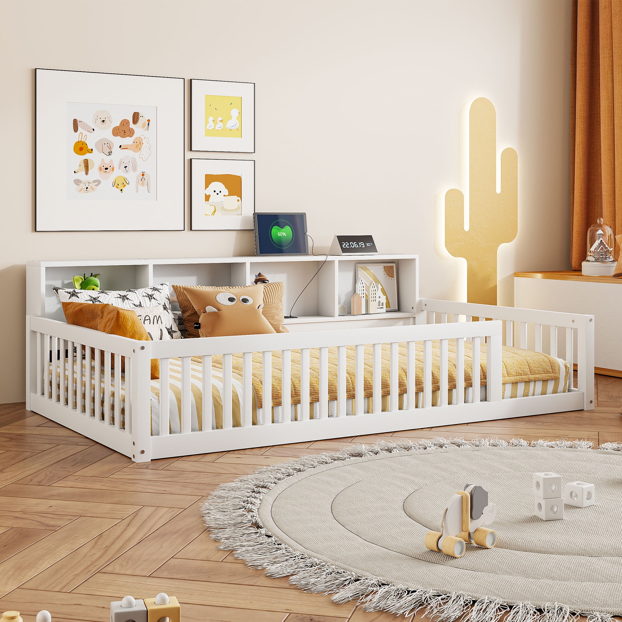 Wood Twin Xl Size Floor Bed with Storage Cabinets and Usb Ports,White ...