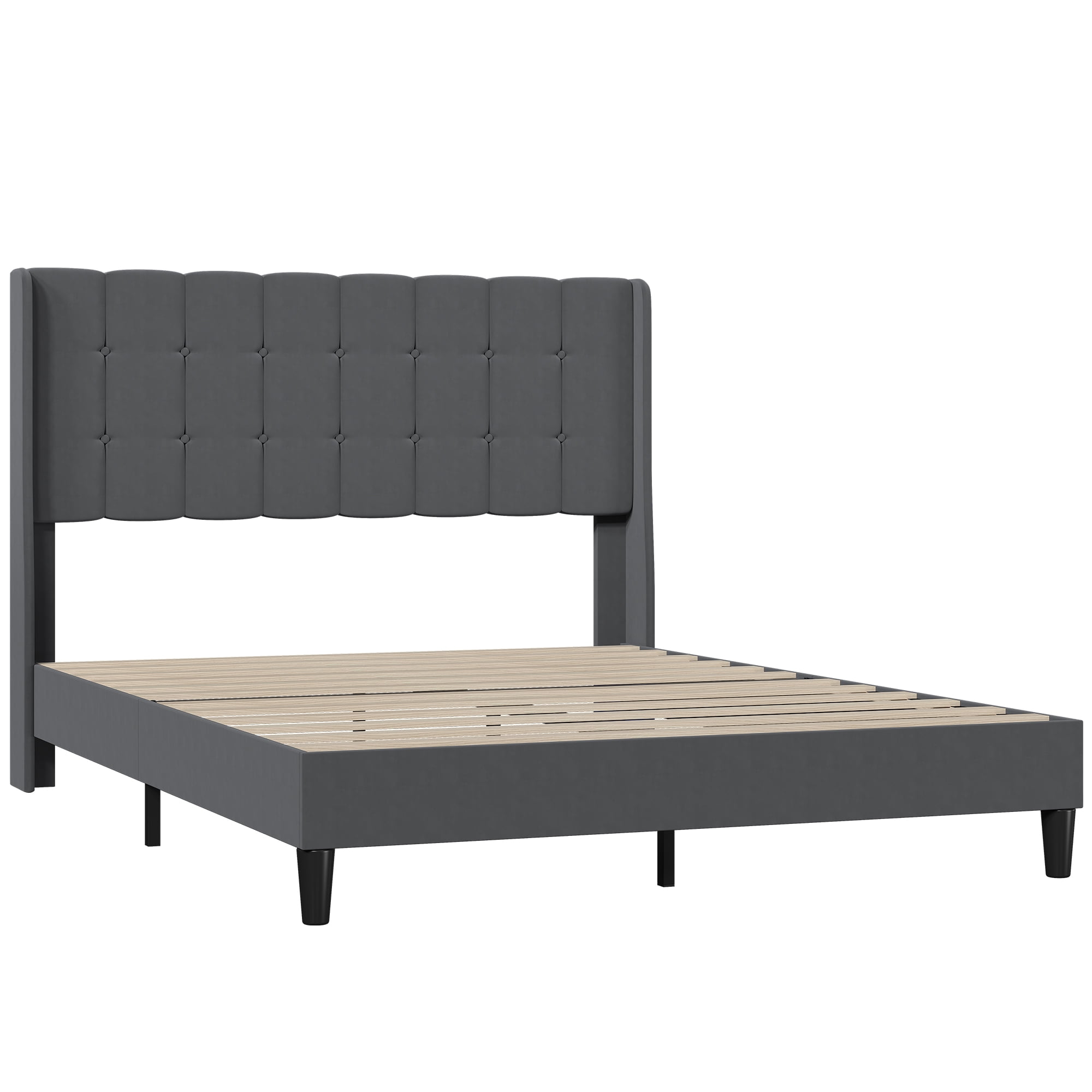 Wood Upholstered Bed Frame with Tufted Headboard and Wingback - Walmart.com