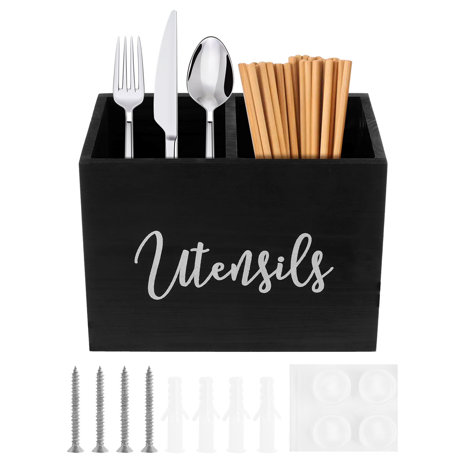 Wood Utensil Caddy for Knife Fork Chopsticks 2 Compartments Silverware ...