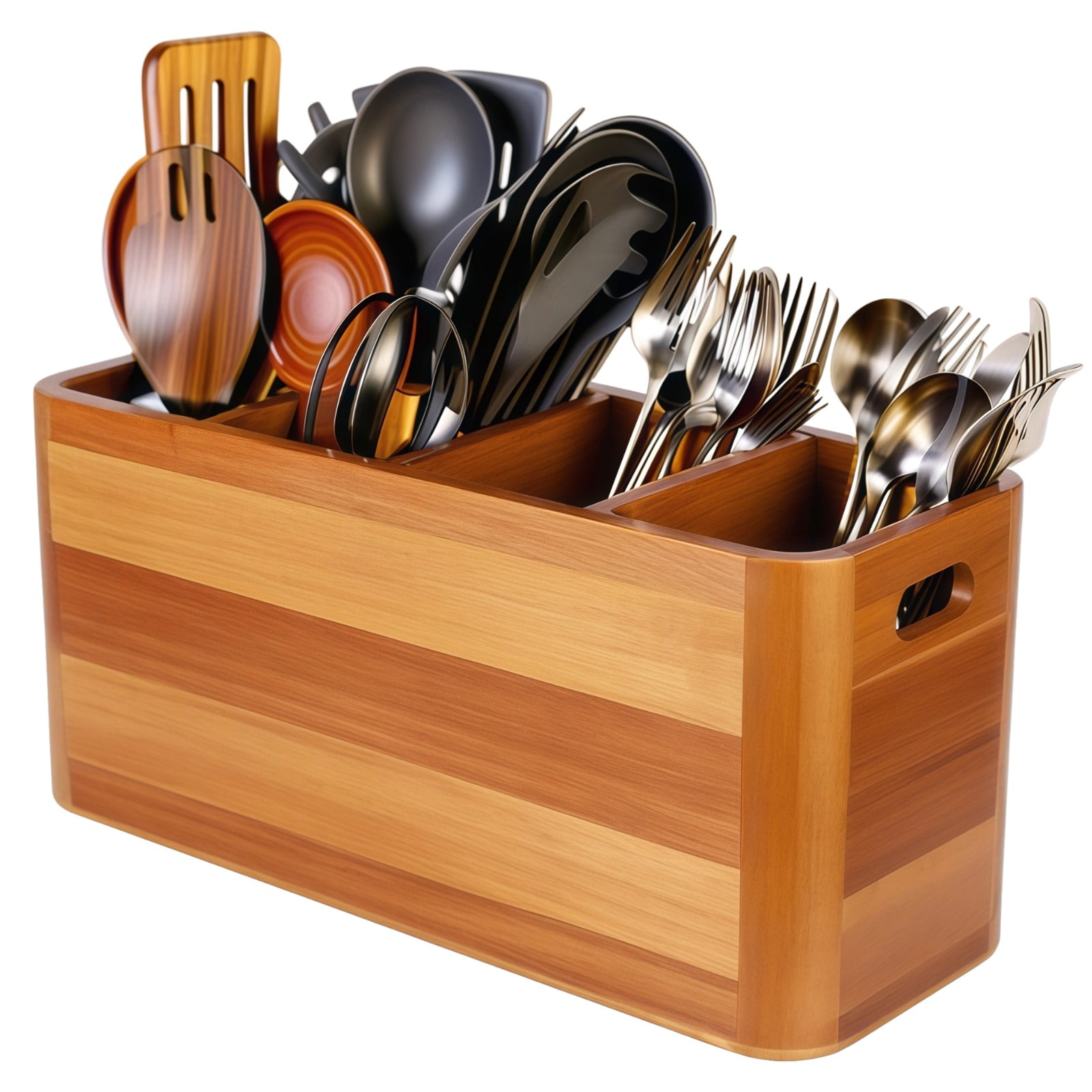 Wood Utensil Holder, Silverware Organizer with 4 Compartments for ...