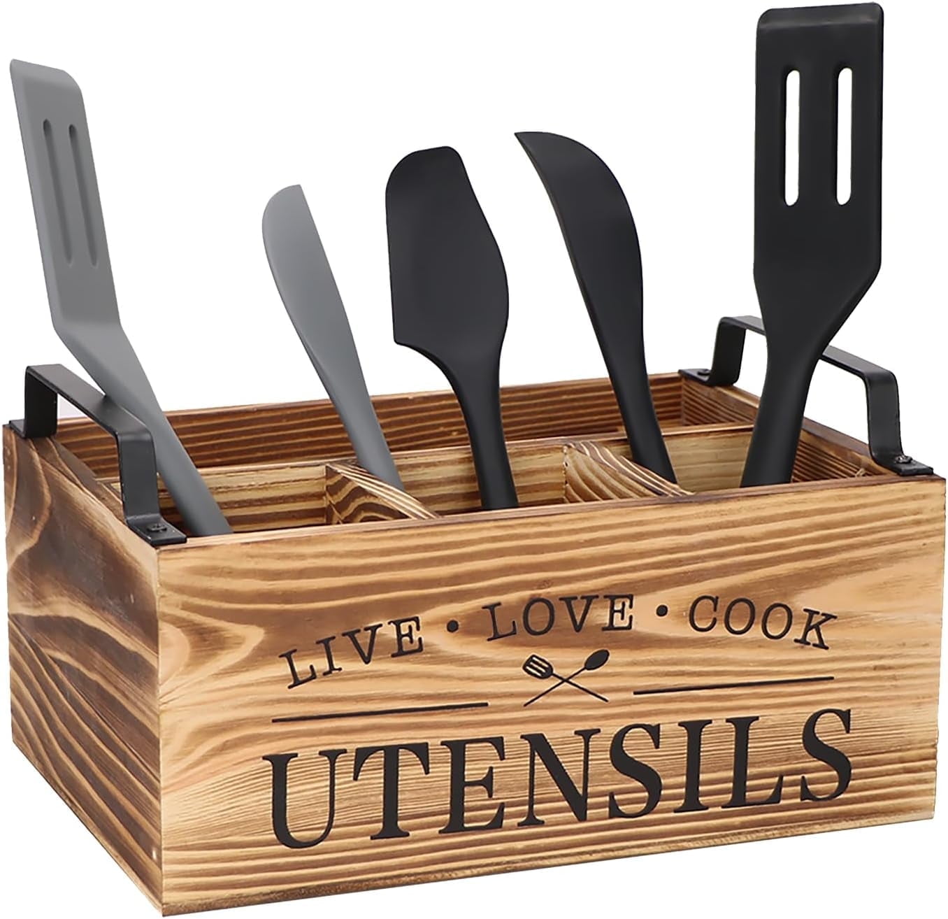 Wood Utensil Holder, Silverware Organizer with 4 Compartments for ...