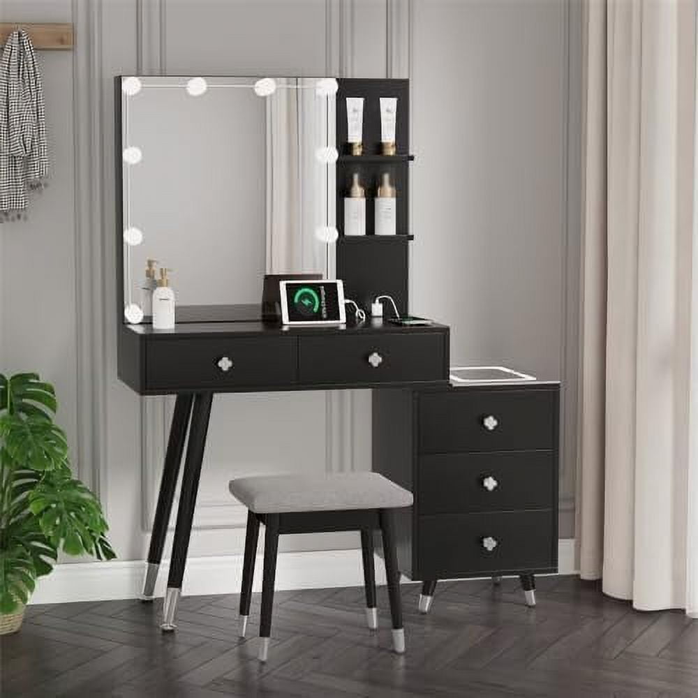 Wood Vanity Desk with Mirror and Chair Dressing Table Set with Outlet ...