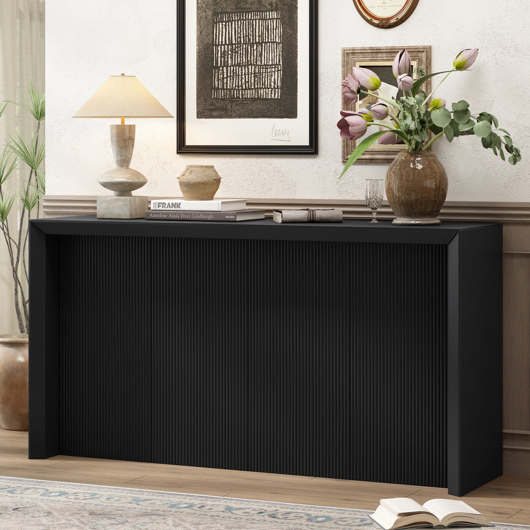 Wood Veneer Simple Entryway Table, Farmhouse Console Table with Wavy ...