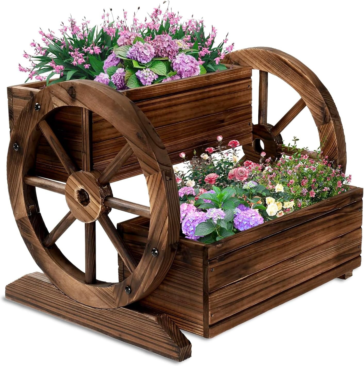 Wood Wagon Planter Box, 2-Tier Rustic Decorative Wooden Garden Planter ...