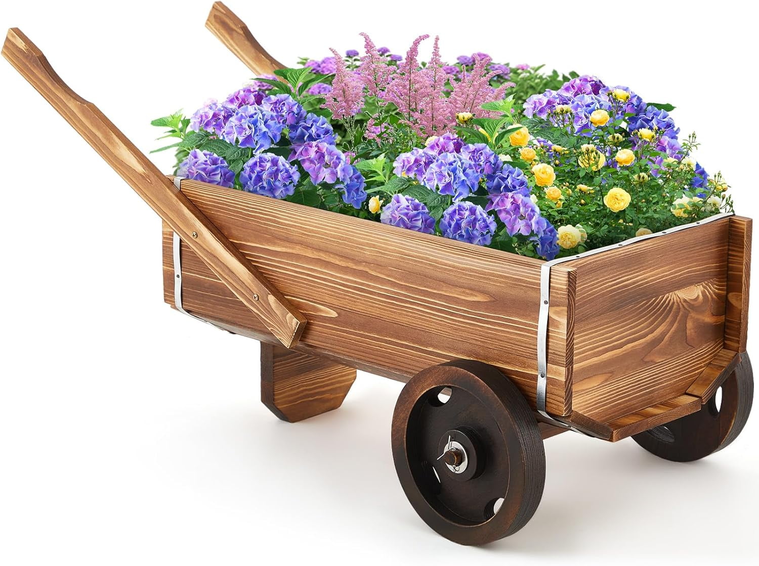 Wood Wagon Planter Box Outdoor Garden Planter with Wheels Decorative ...