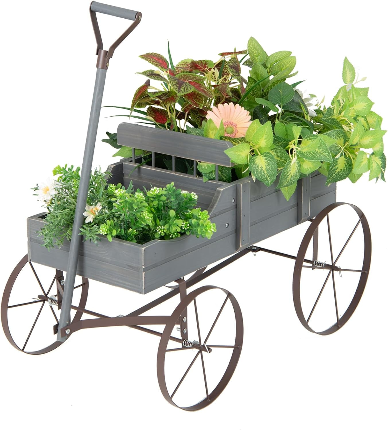 Wood Wagon Planter, Outdoor Garden Flower Planter Cart with Wheels ...