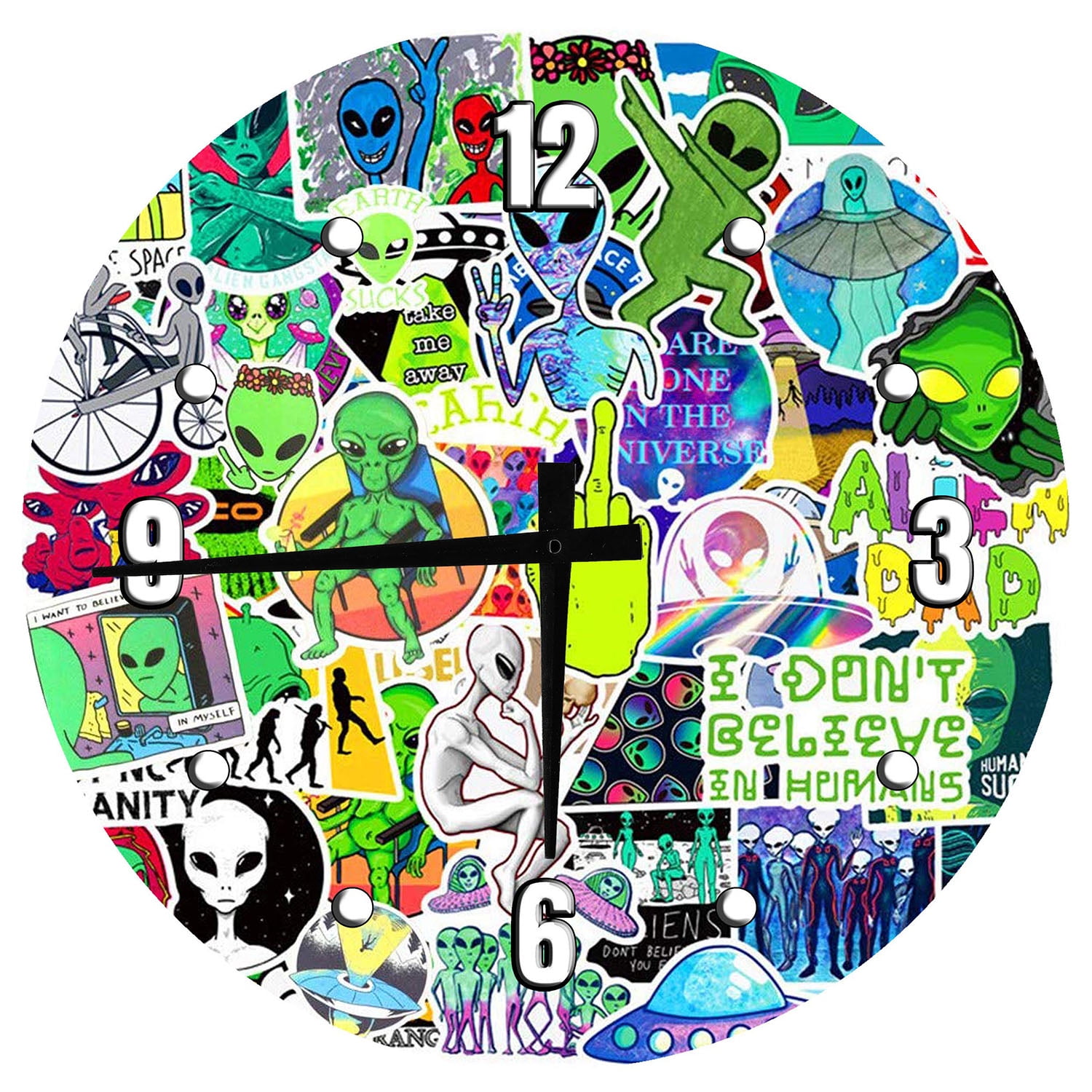 Wood Wall Clock 12 Inch Alien Space Sci Fi Cartoon Stickers Round Small ...