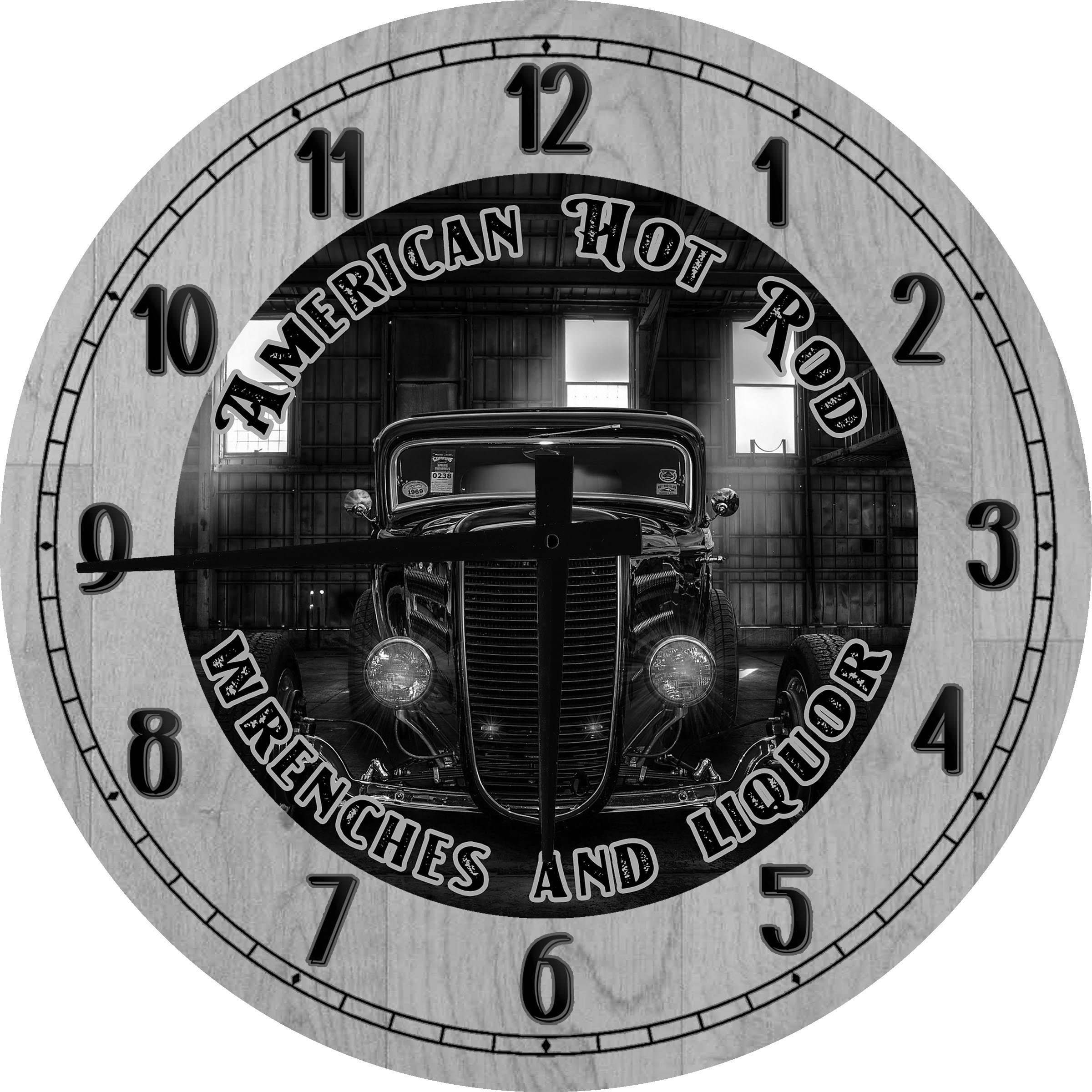 Wood Wall Clock 12 Inch American Hot Rod Moonshine Runner Round Small ...