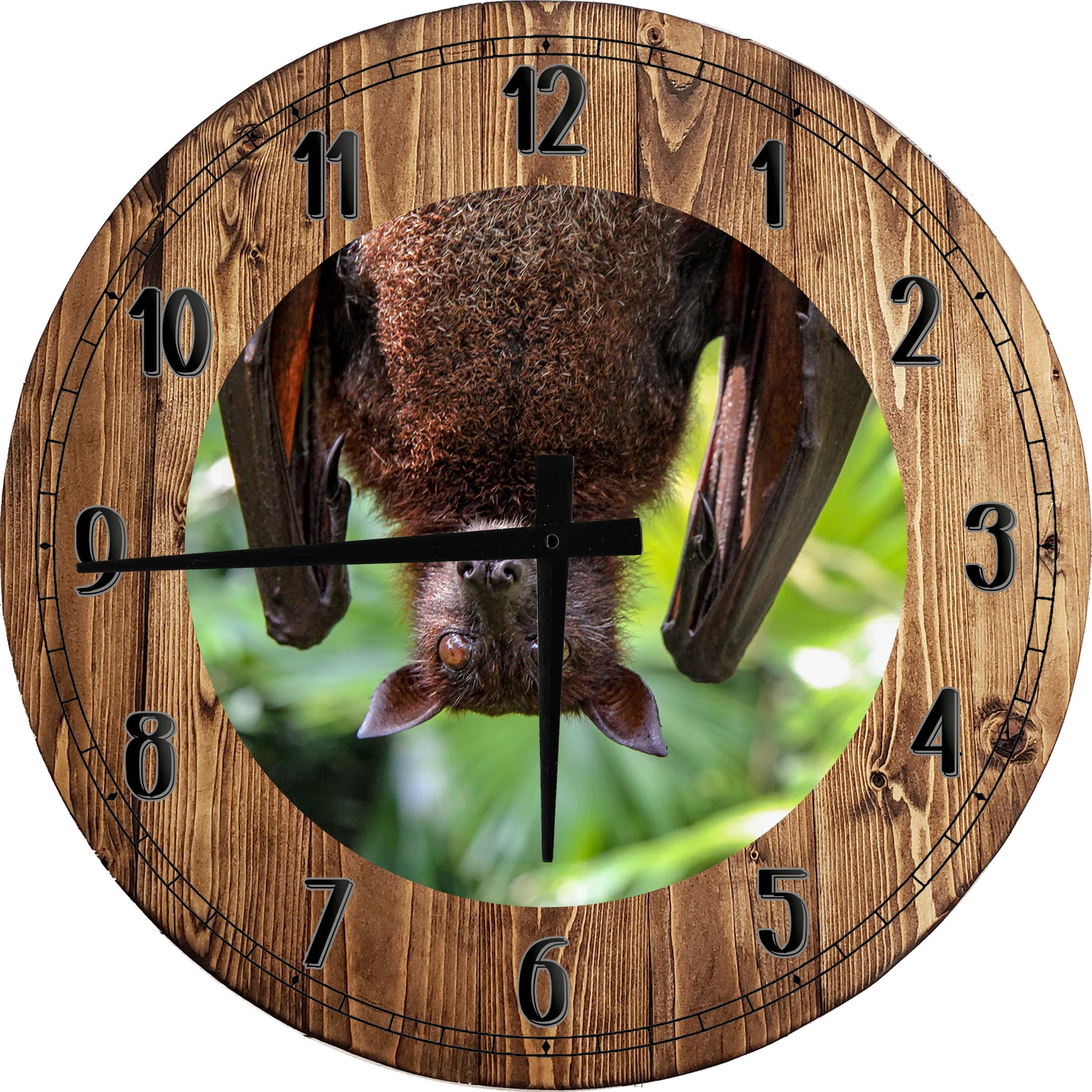 Wood Wall Clock 12 Inch Bat Fruit Bat Upside Down Funny Wall Art Round ...