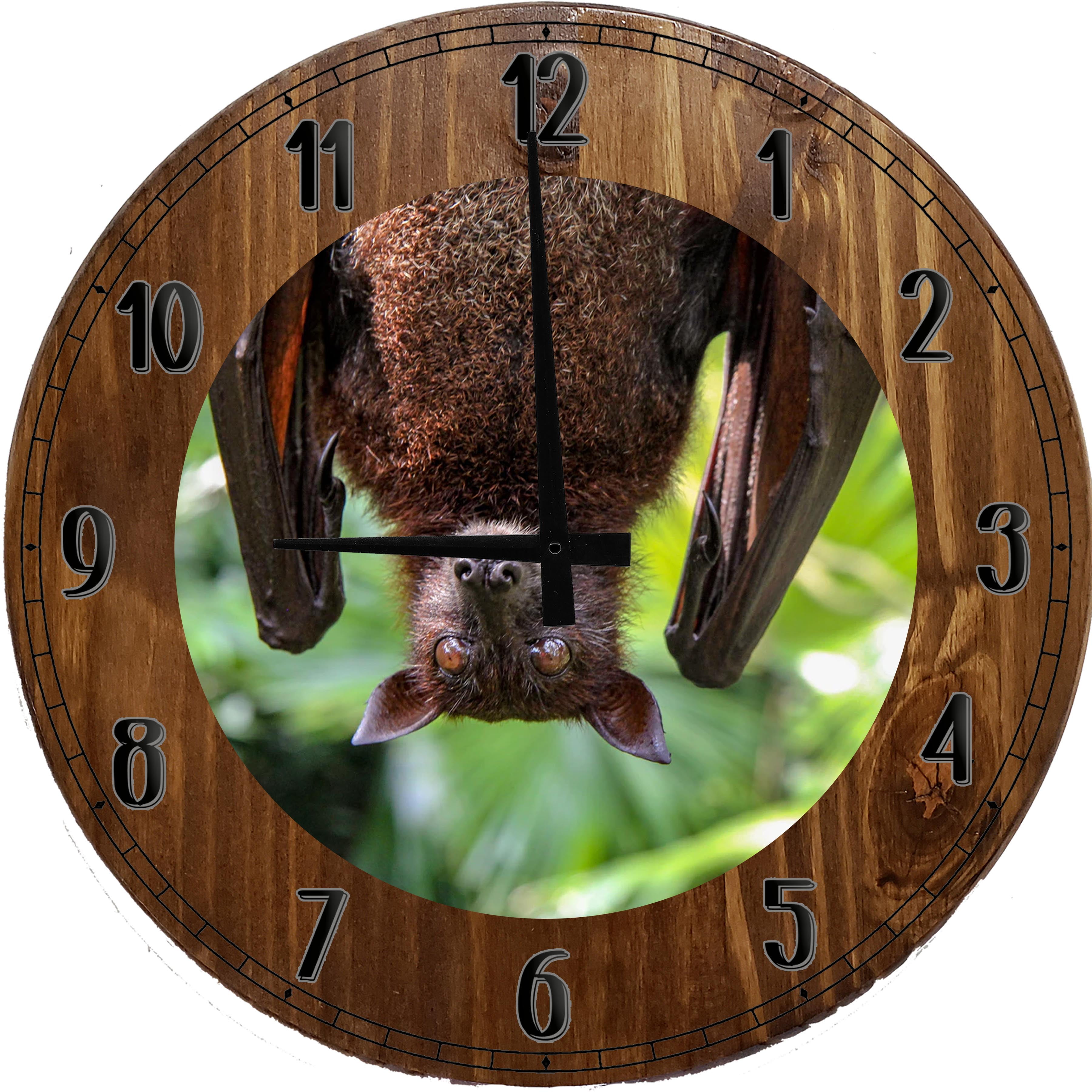 Wood Wall Clock 12 Inch Bat Wall Decor Fruit Bat Upside down Funny Wall ...