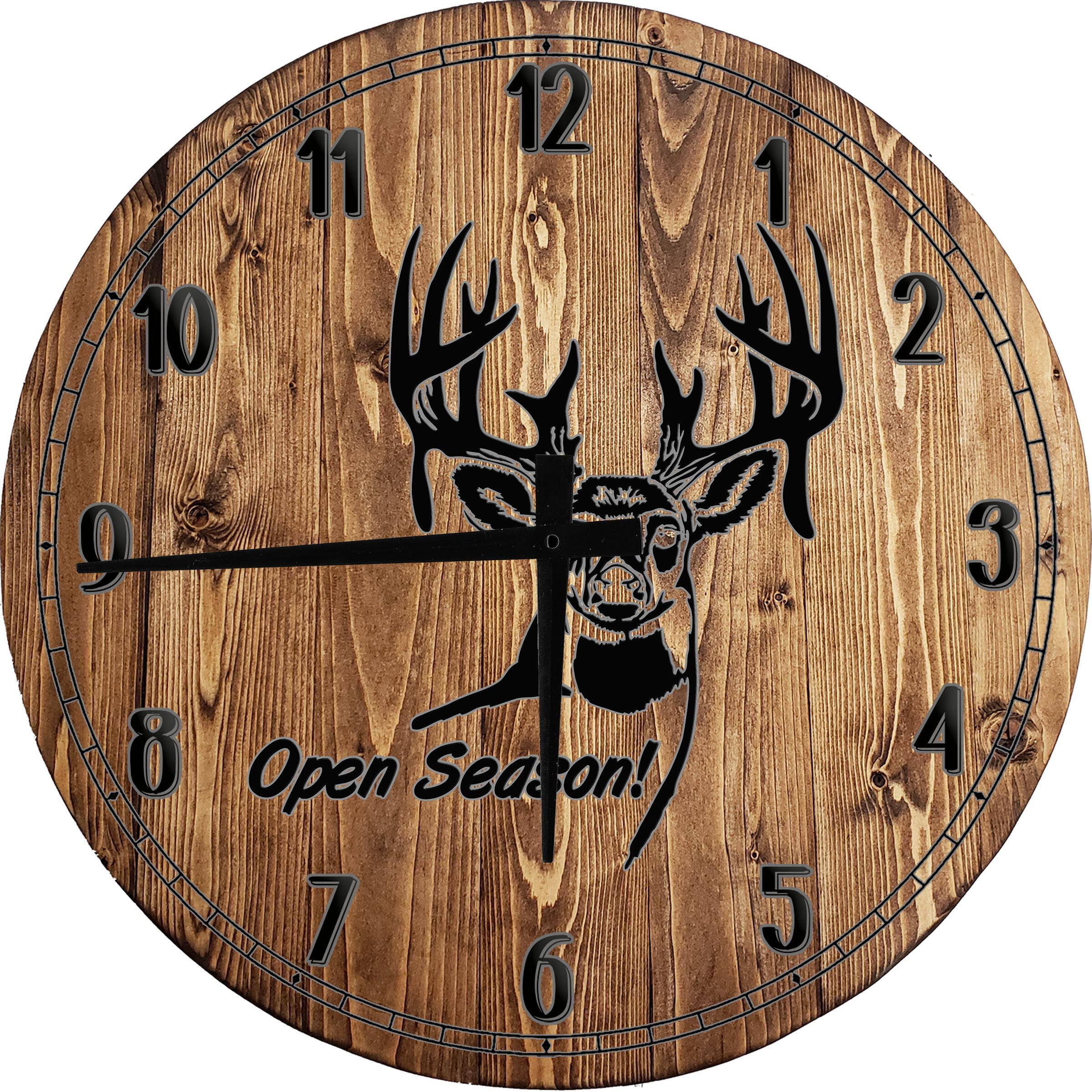 Wood Wall Clock 12 Inch Big Buck Open Season! Deer Hunting Rack Antlers ...